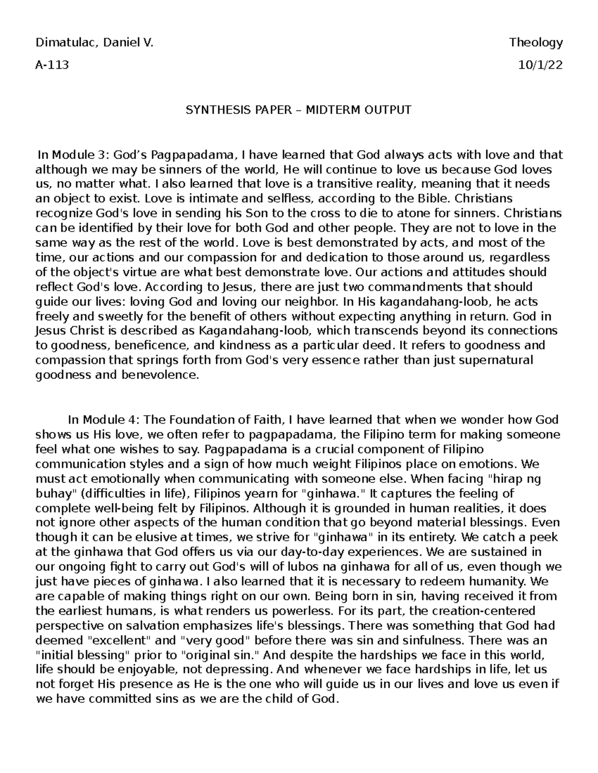 Theology - Synthesis Paper Midterm Output - Dimatulac, Daniel V ...