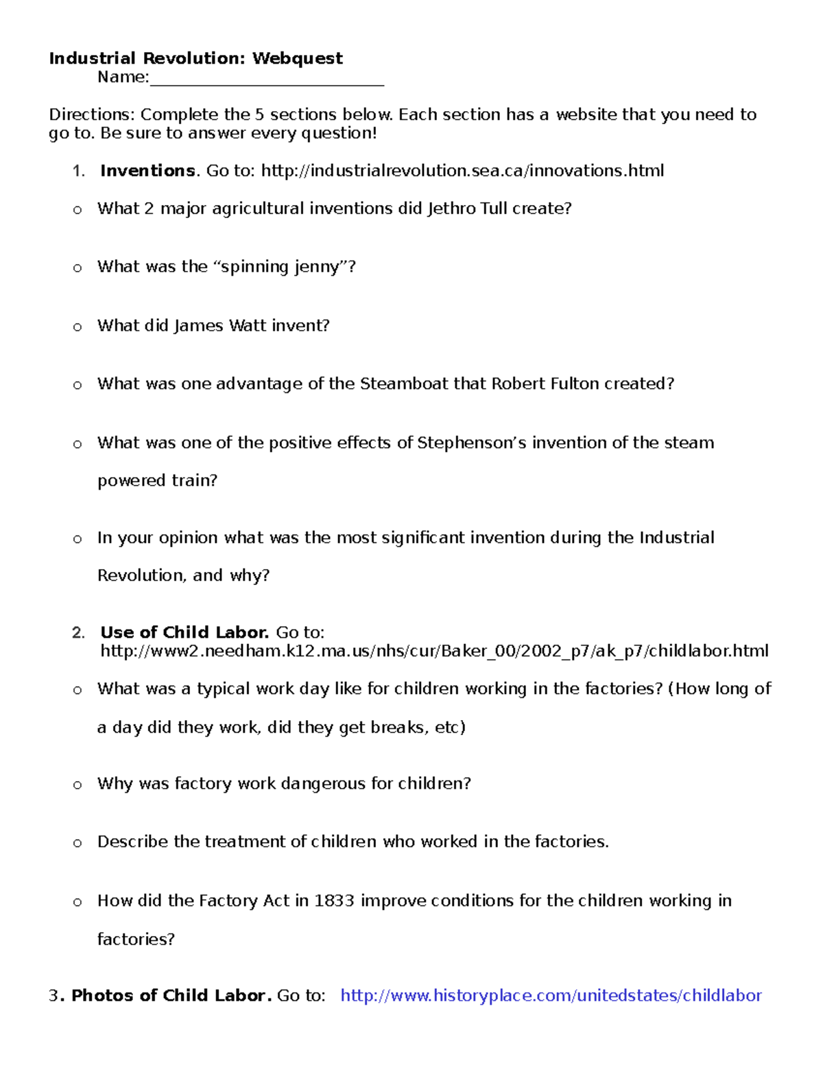 Industrial revolution webquest - Industrial Revolution: Webquest Name