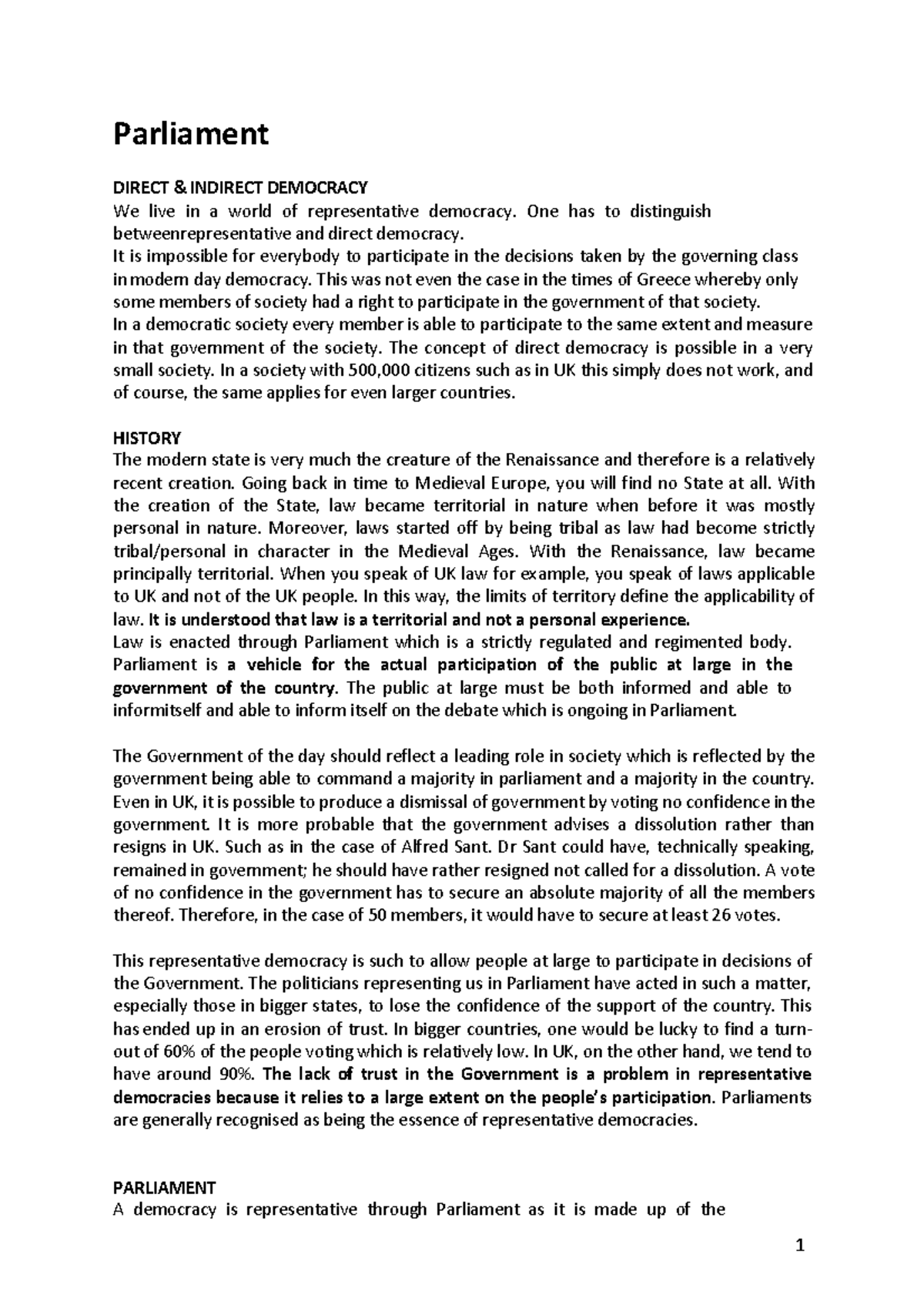 Parliament - LLB 1st Year Notes - Parliament DIRECT & INDIRECT ...