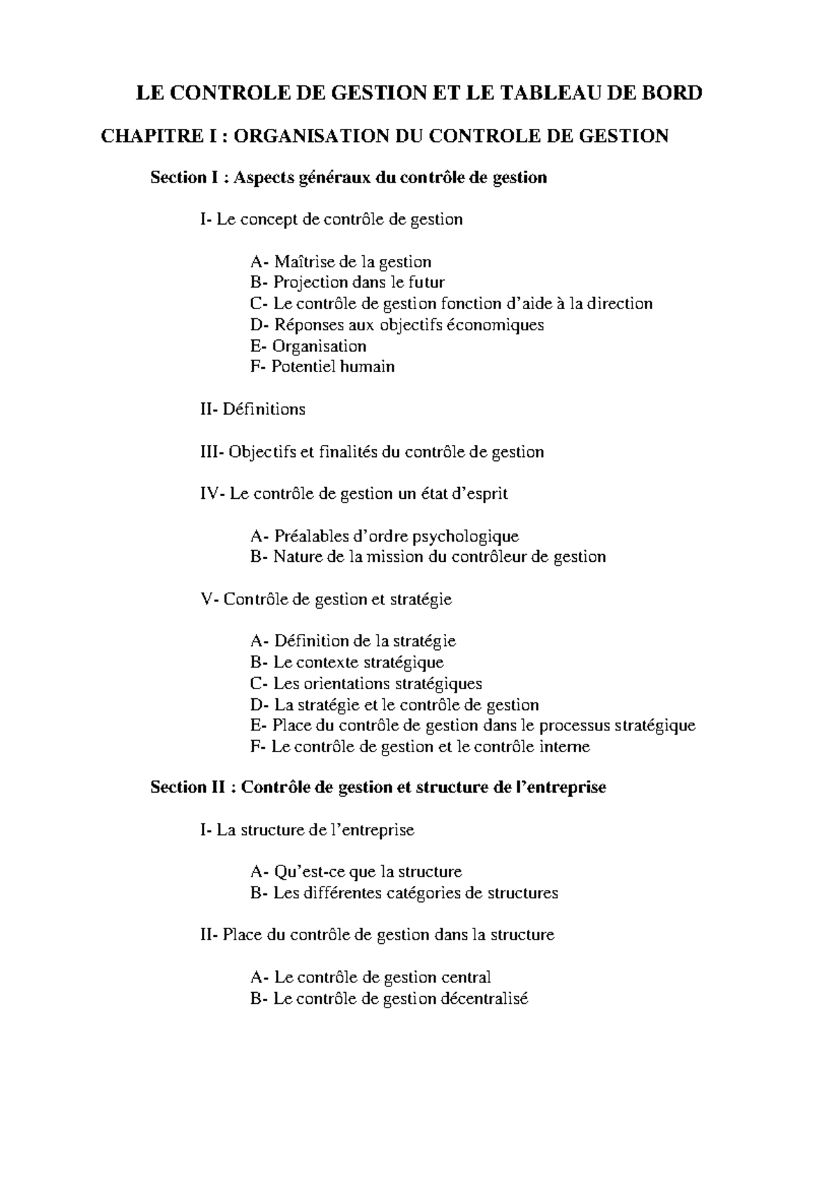 Cours Controle DE Gestion - LE CONTROLE DE GESTION ET LE TABLEAU DE ...