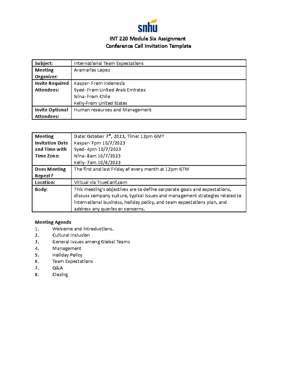INT 220 Conference Call Invitation - INT 220 Module Six Assignment ...