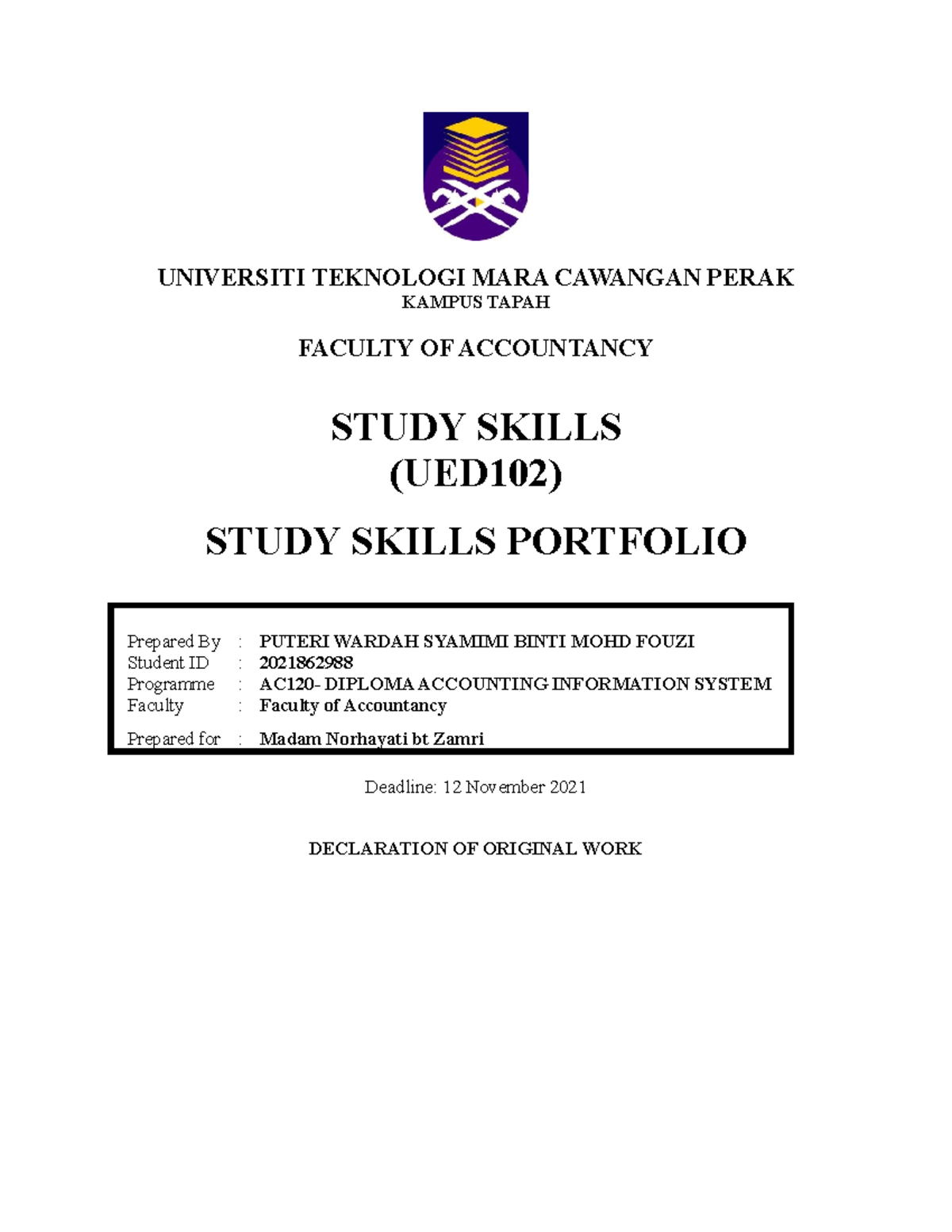 Ued uitm - e portflio - Study skill Course - UiTM - Studocu