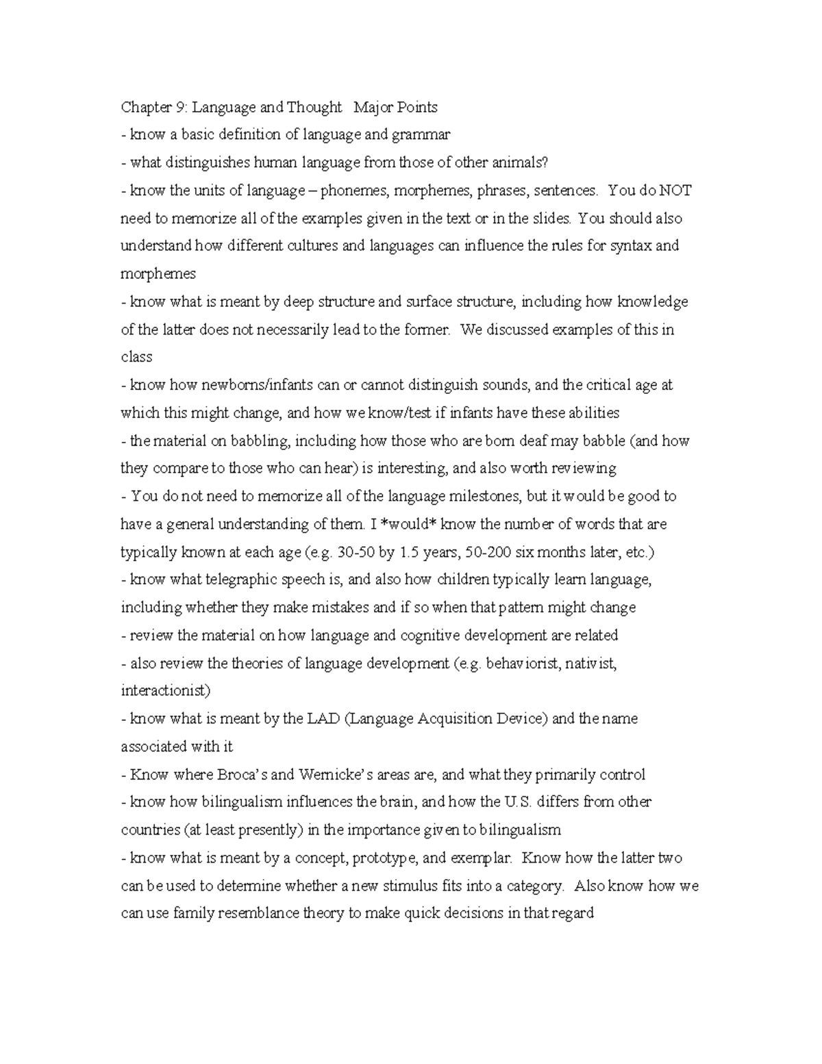 Chapter 9 Outline-Review - Chapter 9: Language and Thought Major Points know a basic definition ...