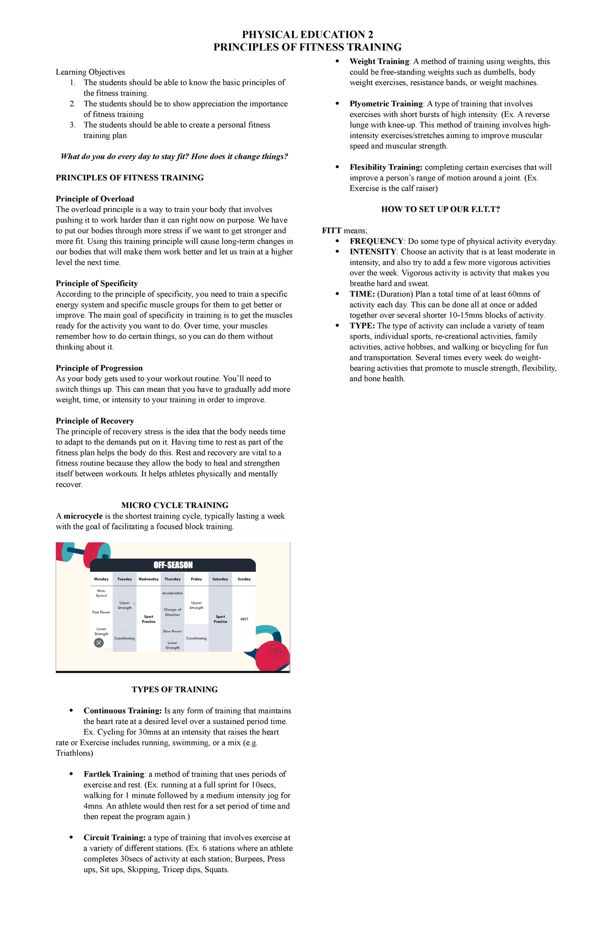 P.E Lesson - vsdvsdv - PHYSICAL EDUCATION 2 PRINCIPLES OF FITNESS ...