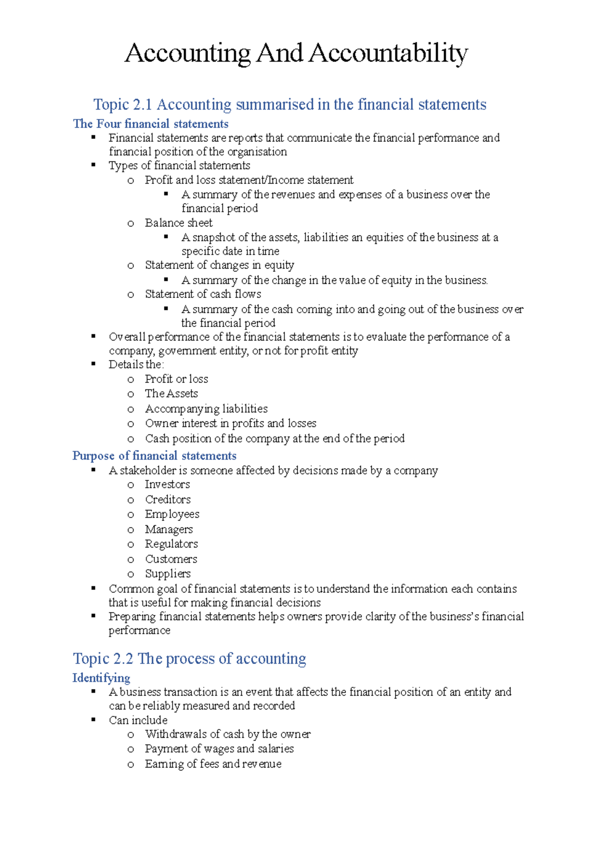 Accounting and Accountability notes - Topic 2 Accounting summarised in ...