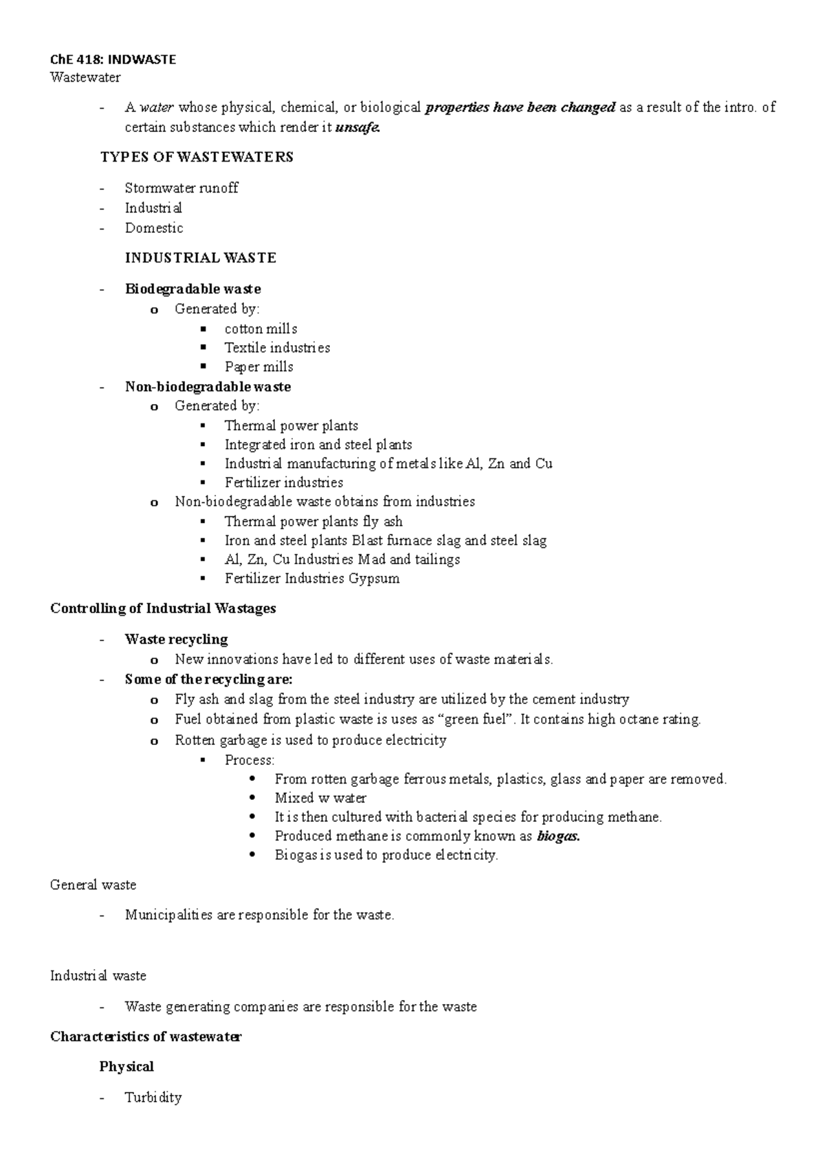 Module-1- Wastewater - INDUSTRIAL WASTE - Wastewater - A water whose ...