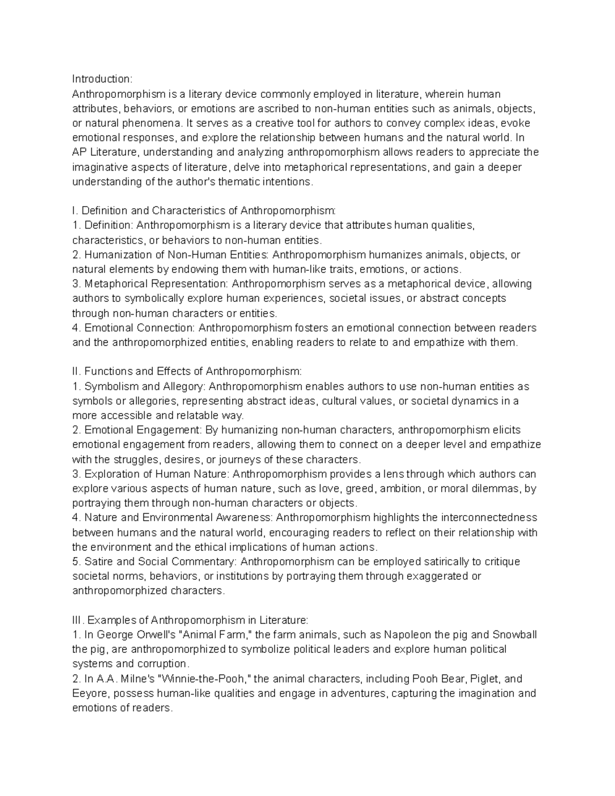 Anthropomorphism in AP Literature - Introduction: Anthropomorphism is a ...