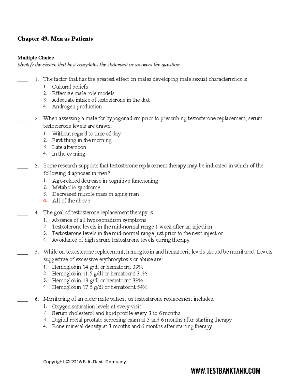 CH49 Test Bank Tank - Test Bank - Chapter 49. Men as Patients Multiple ...