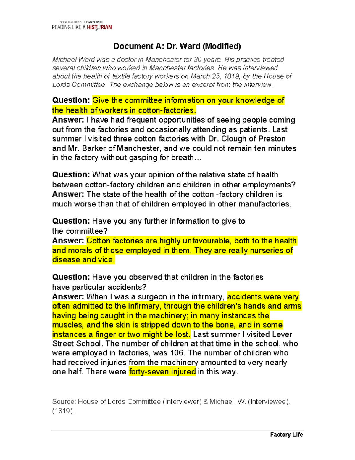 WH Factory Life RLAH - its ahrd - Document A: Dr. Ward (Modified ...