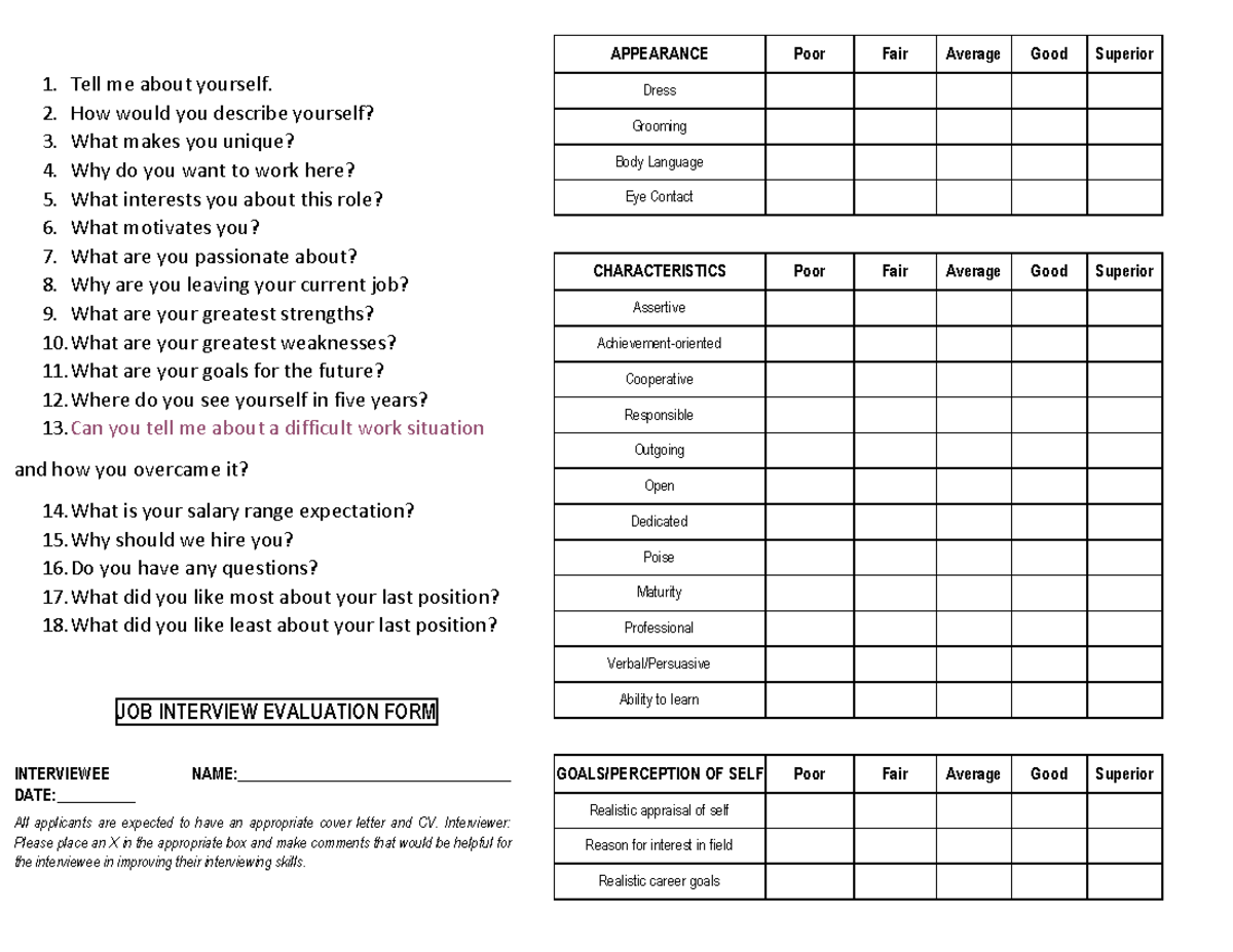 Interview Form Material - 1. Tell me about yourself. 2. How would you ...