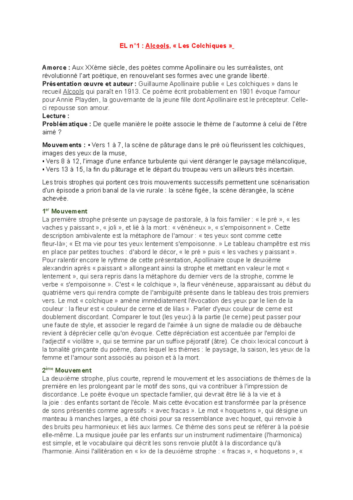 Etude Linéaire Alcools, « Les Colchiques » - EL n°1 : Alcools, « Les ...