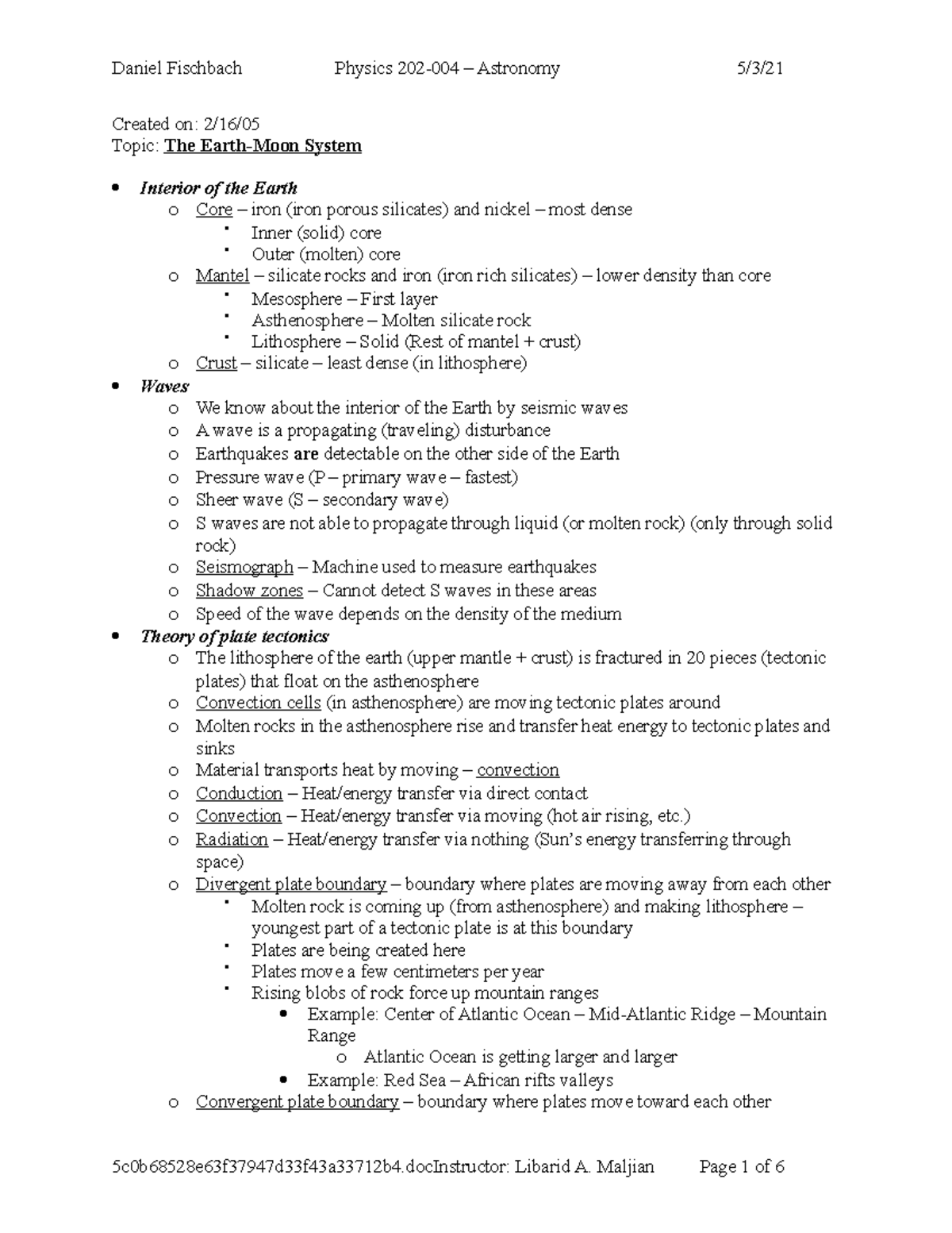 The Earth-Moon System Notes - Created on: 2/16/ Topic: The Earth-Moon ...