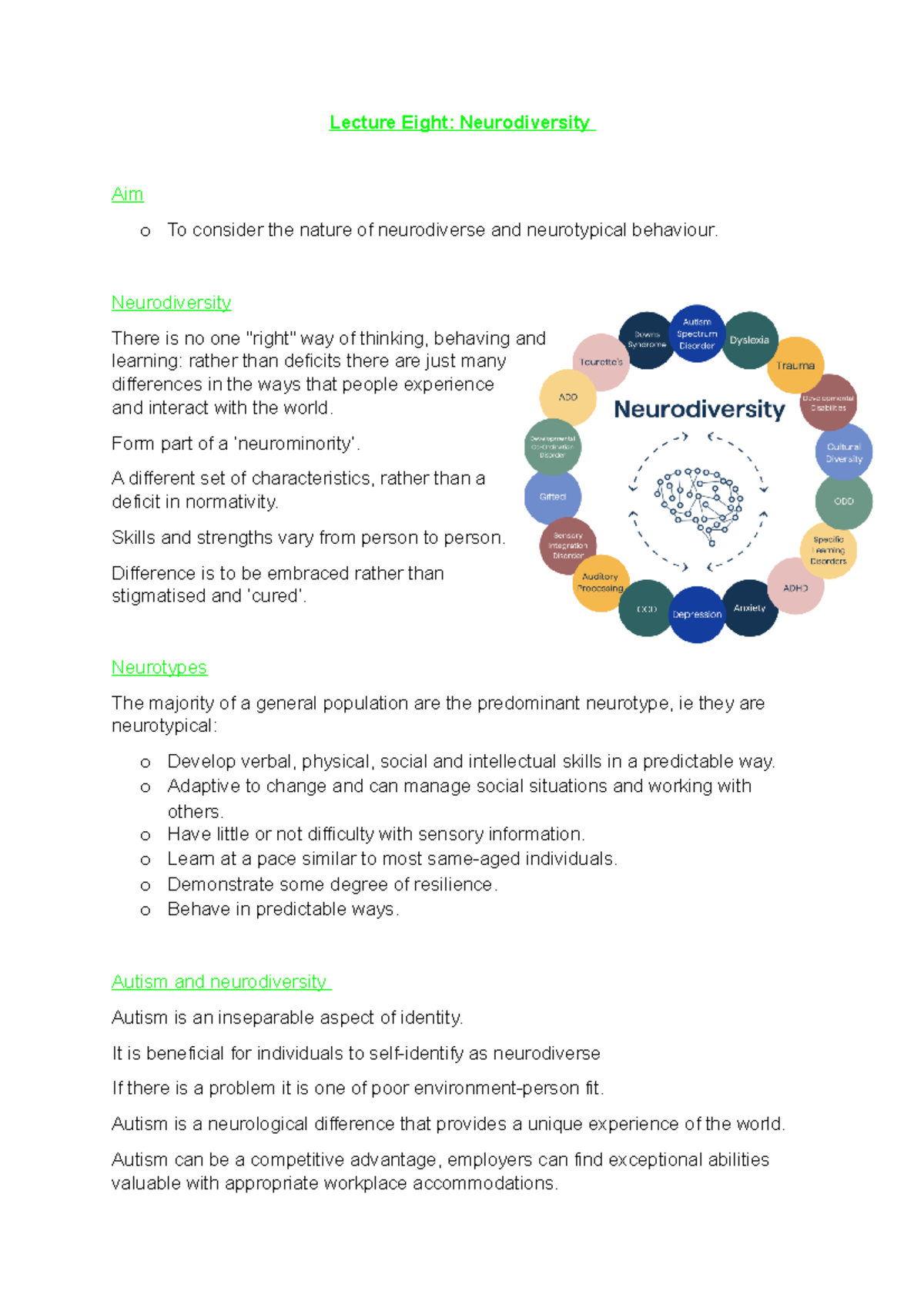 Lecture 8 - Lecture Eight: Neurodiversity Aim o To consider the nature ...