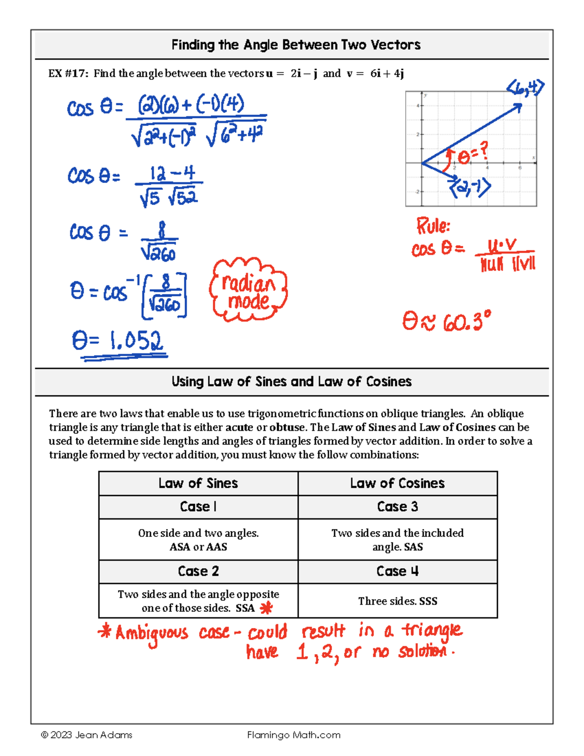05-01 PC U05B 4.8 Class Notes - Vectors - Angle btw Law of Sines ...