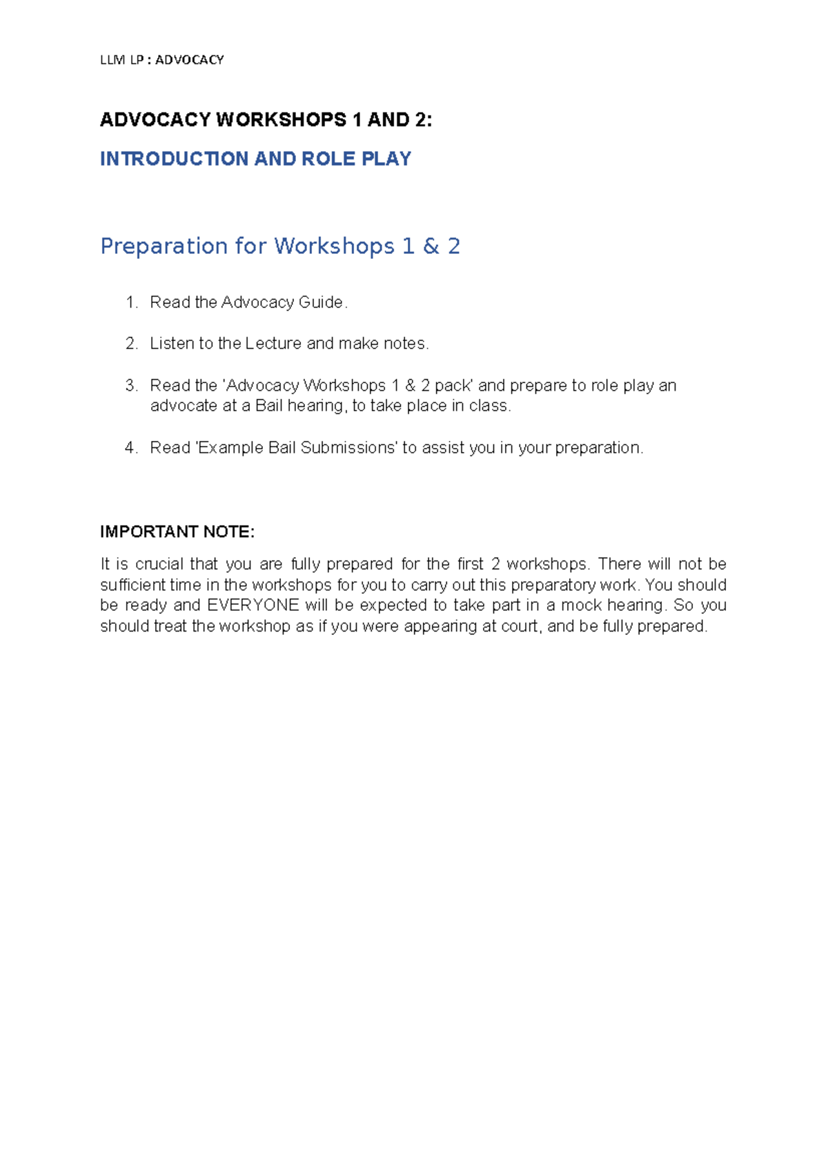 Advocacy Workshops 1 & 2 Preparation - LLM LP : ADVOCACY ADVOCACY ...