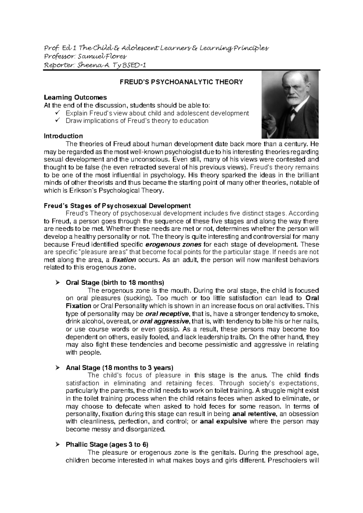 Freuds-Theory - Lecture and notes - Prof. Ed 1 The Child & Adolescent ...