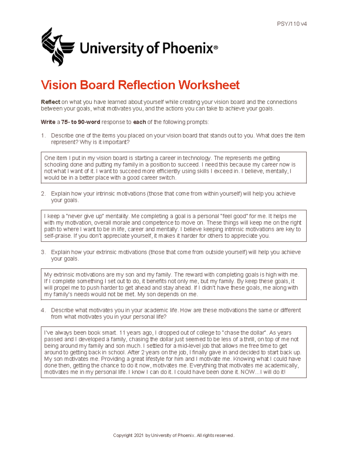 Wk 5 - Vision Board Reflection Worksheet - PSY/110 v Vision Board ...