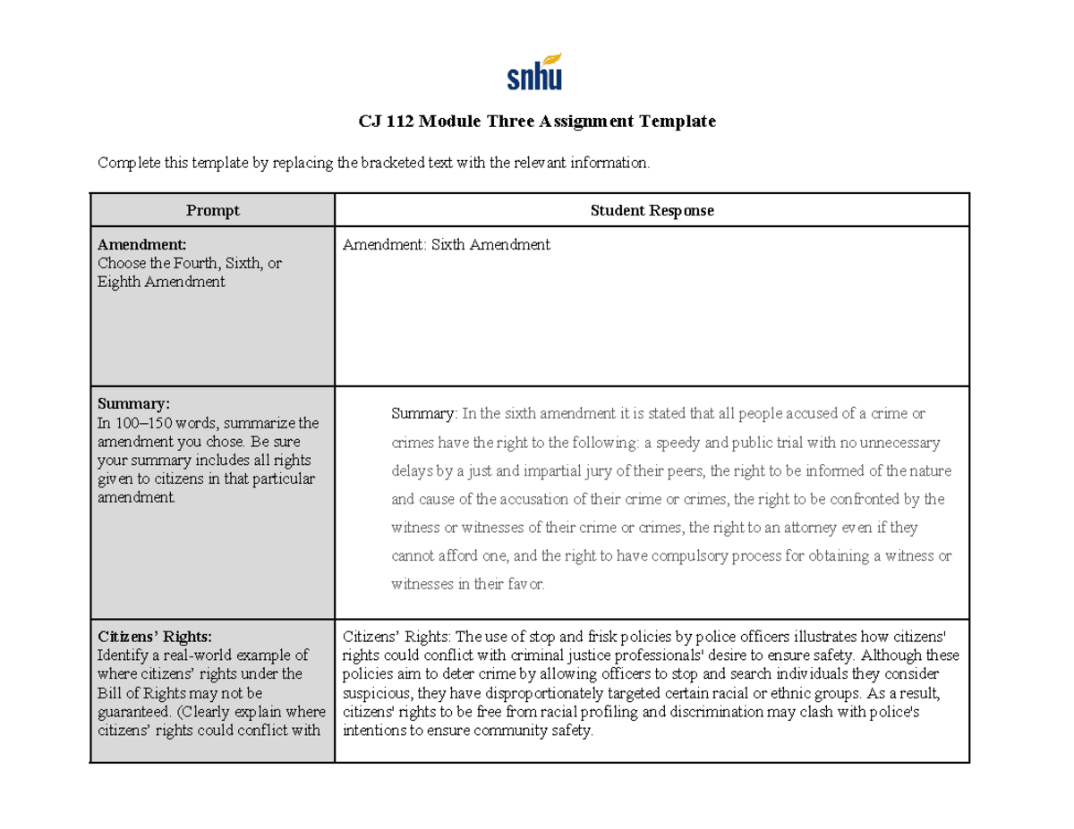 CJ 112 Module Three Assignment - Prompt Student Response Amendment: Choose the Fourth, Sixth, or ...