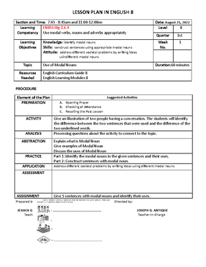Lesson plan in English 8 - LESSON PLAN IN ENGLISH 10 Section and Time ...