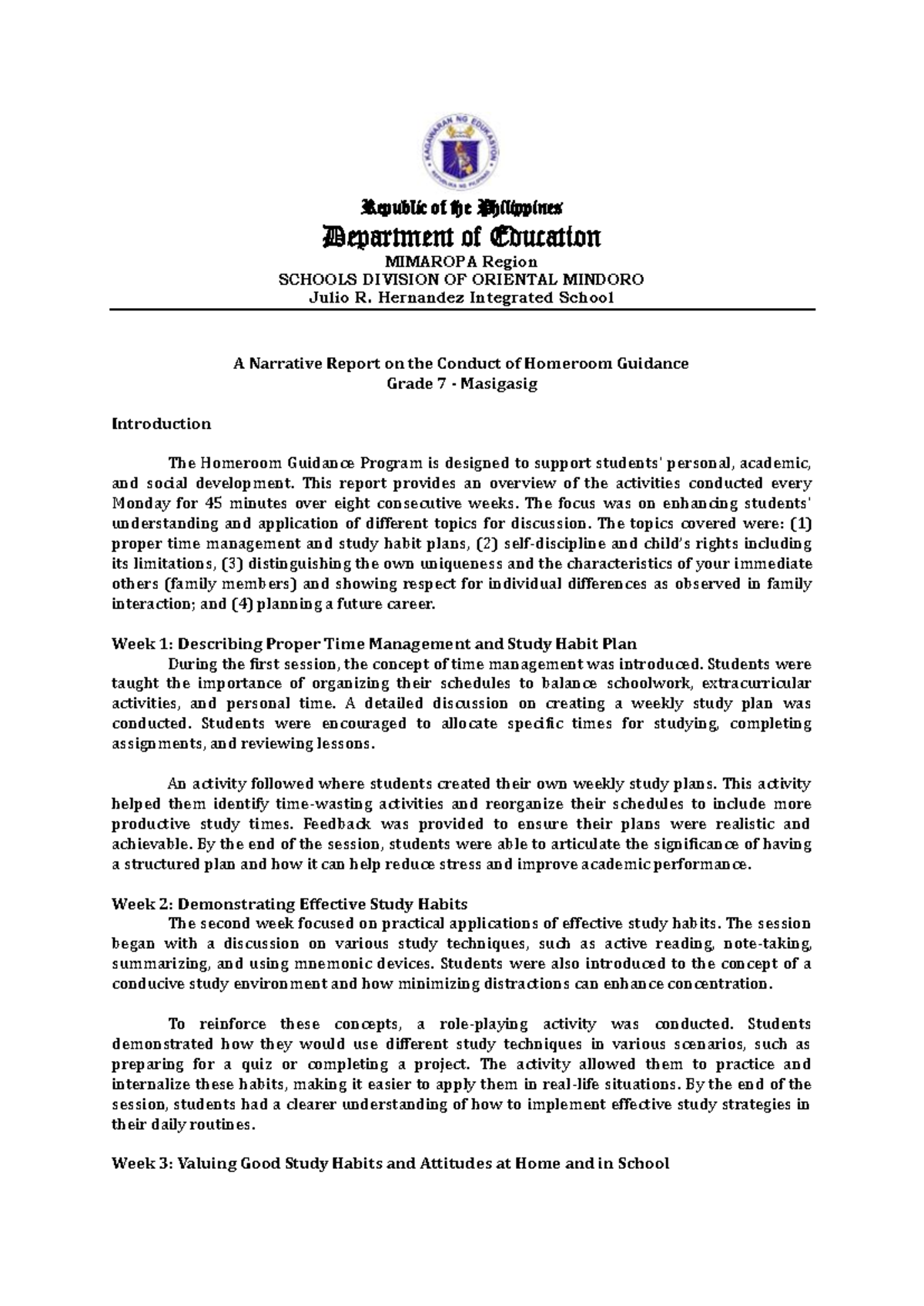 Narrative Report in HGP 7 - Republic of the Philippines Department of ...
