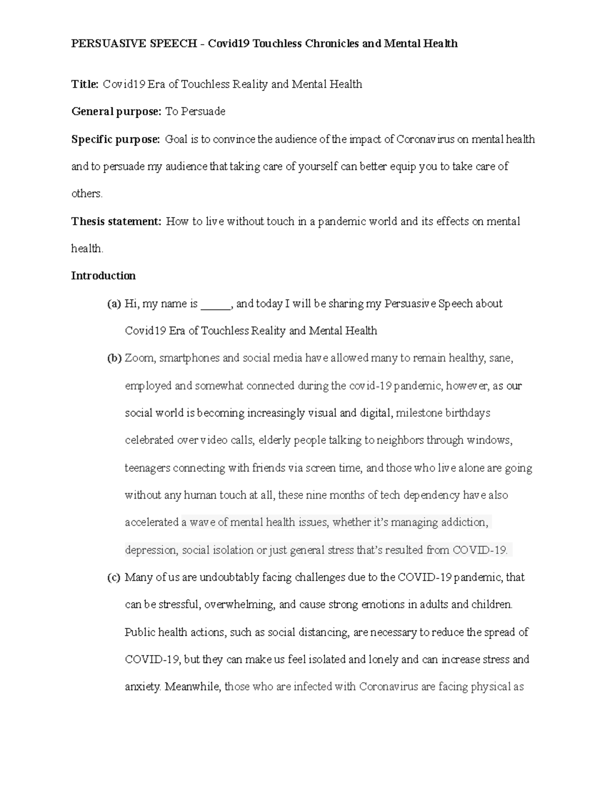 Persuasive Speech N A Title Covid19 Era Of Touchless Reality And
