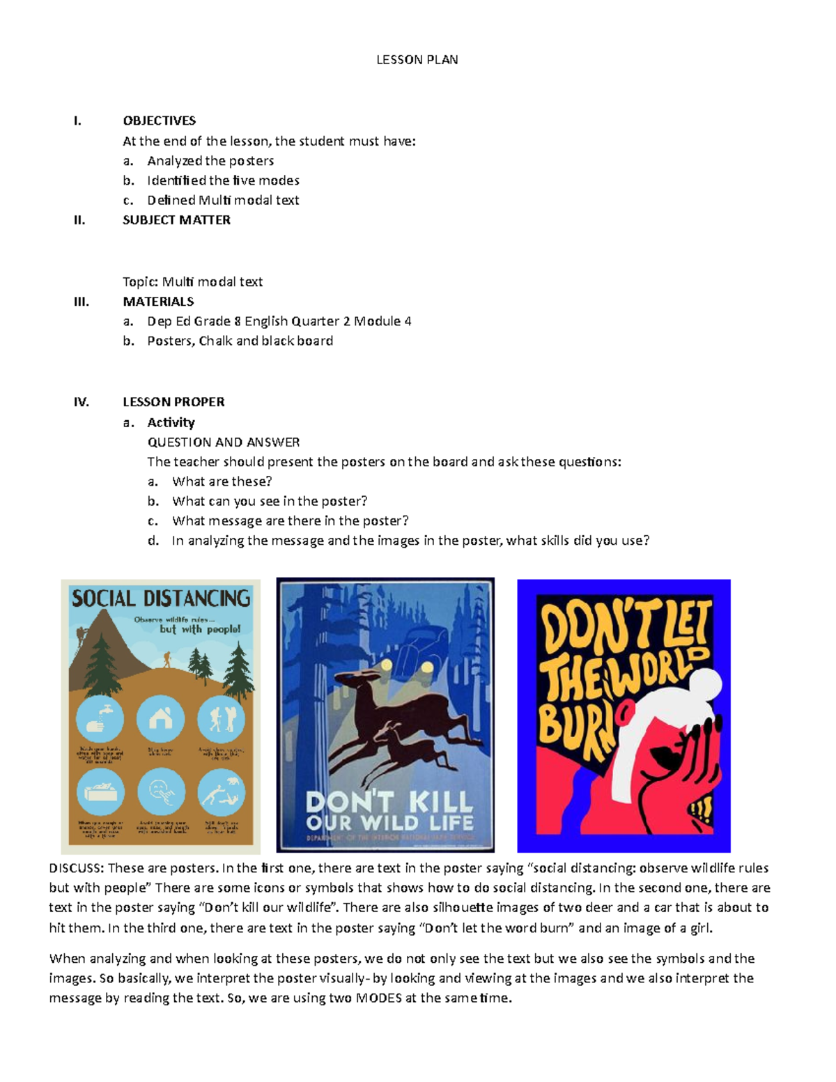 Multi modal text - LESSON PLAN I. OBJECTIVES At the end of the lesson ...