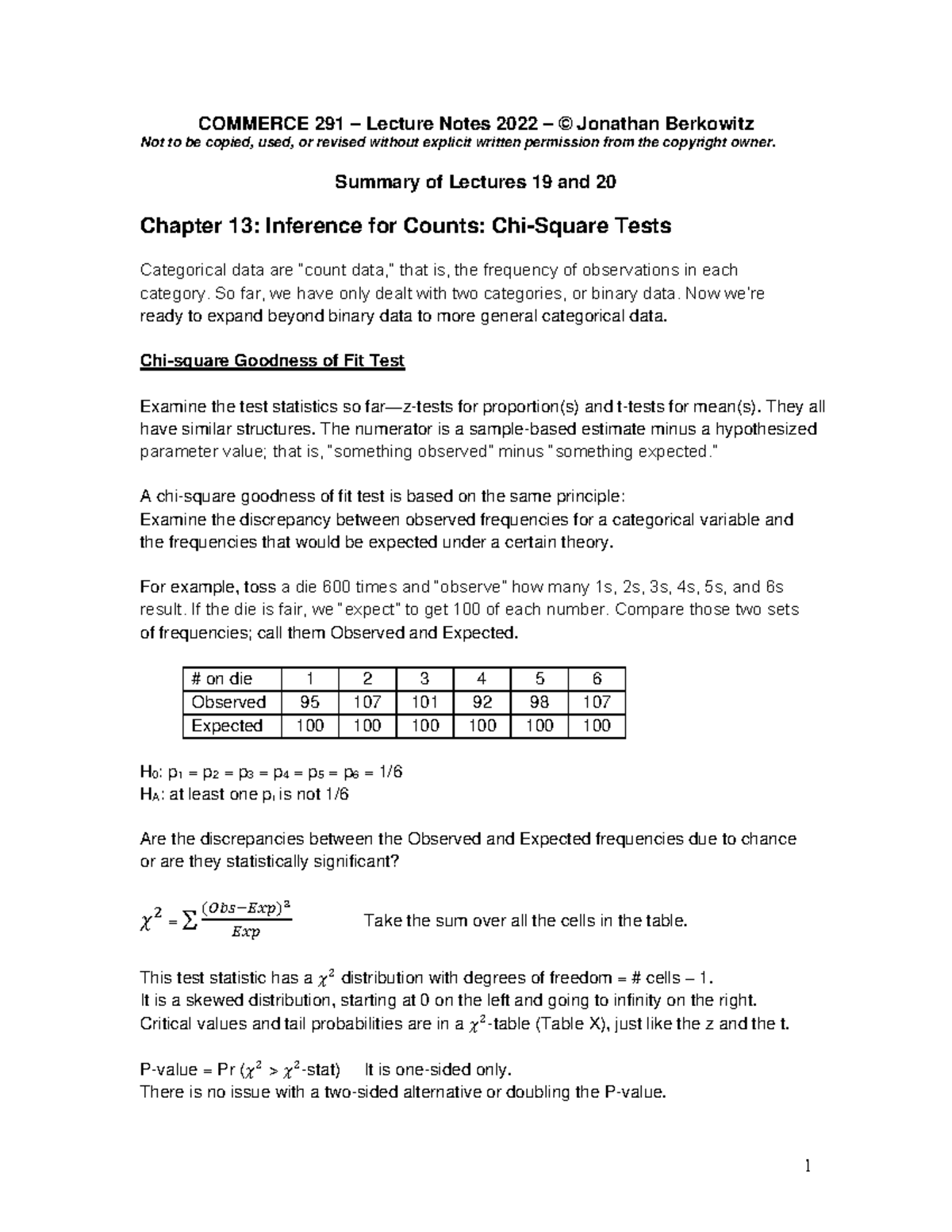 Week 10 notes - chi-square tests + stats models - COMMERCE 291 ...