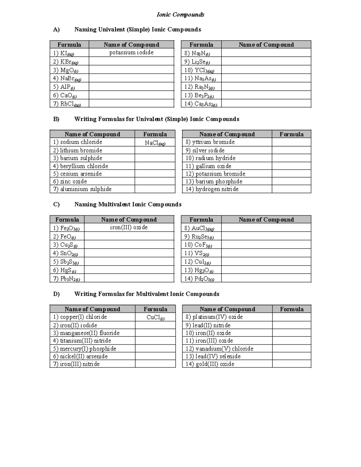 Naming Practice with KEY - Ionic Compounds A) Naming Univalent (Simple ...