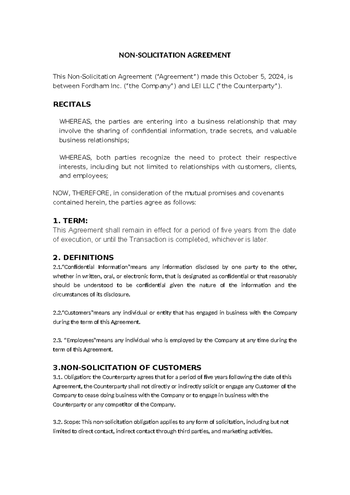 （seller）non-soliciration agreement - NON-SOLICITATION AGREEMENT This ...