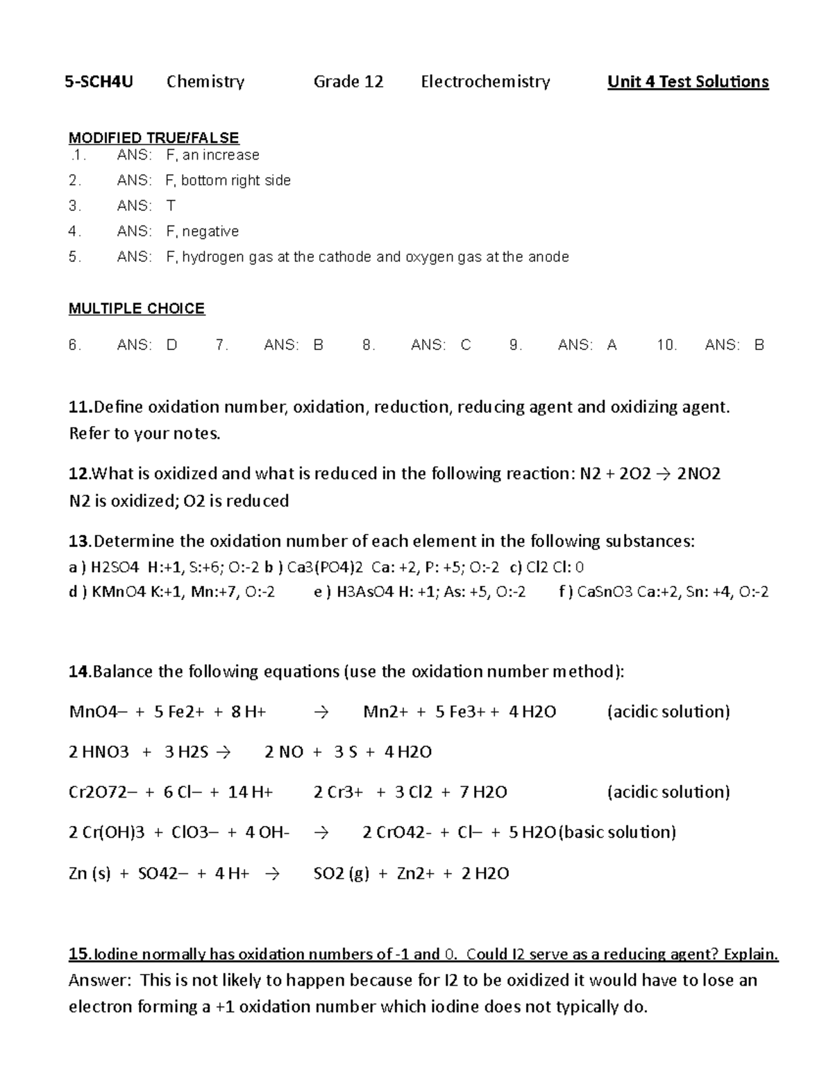 5-Unit 4 Electrochemistry unit test 4 answers - 5-SCH4U Chemistry Grade ...