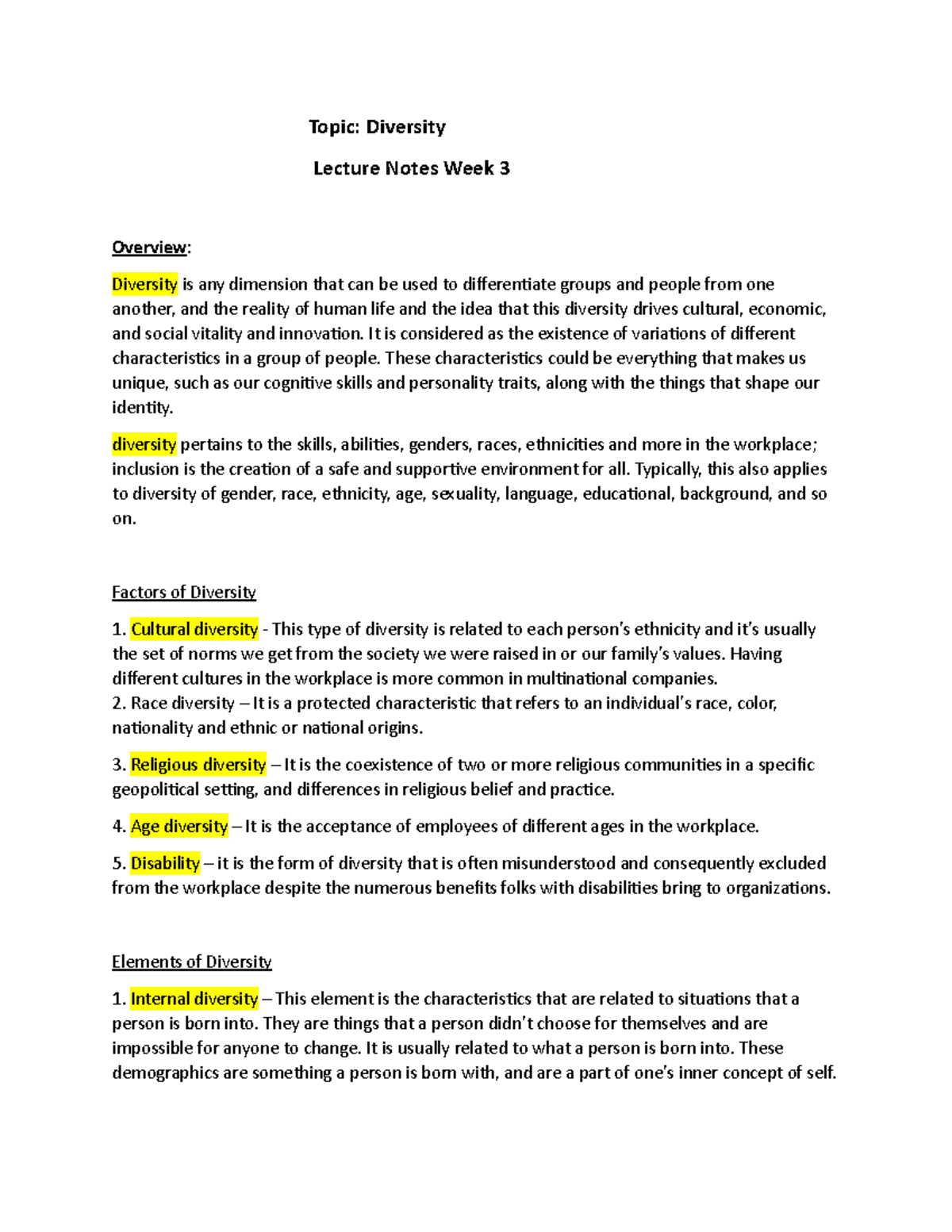 Diversity - Topic: Diversity Lecture Notes Week 3 Overview: Diversity ...