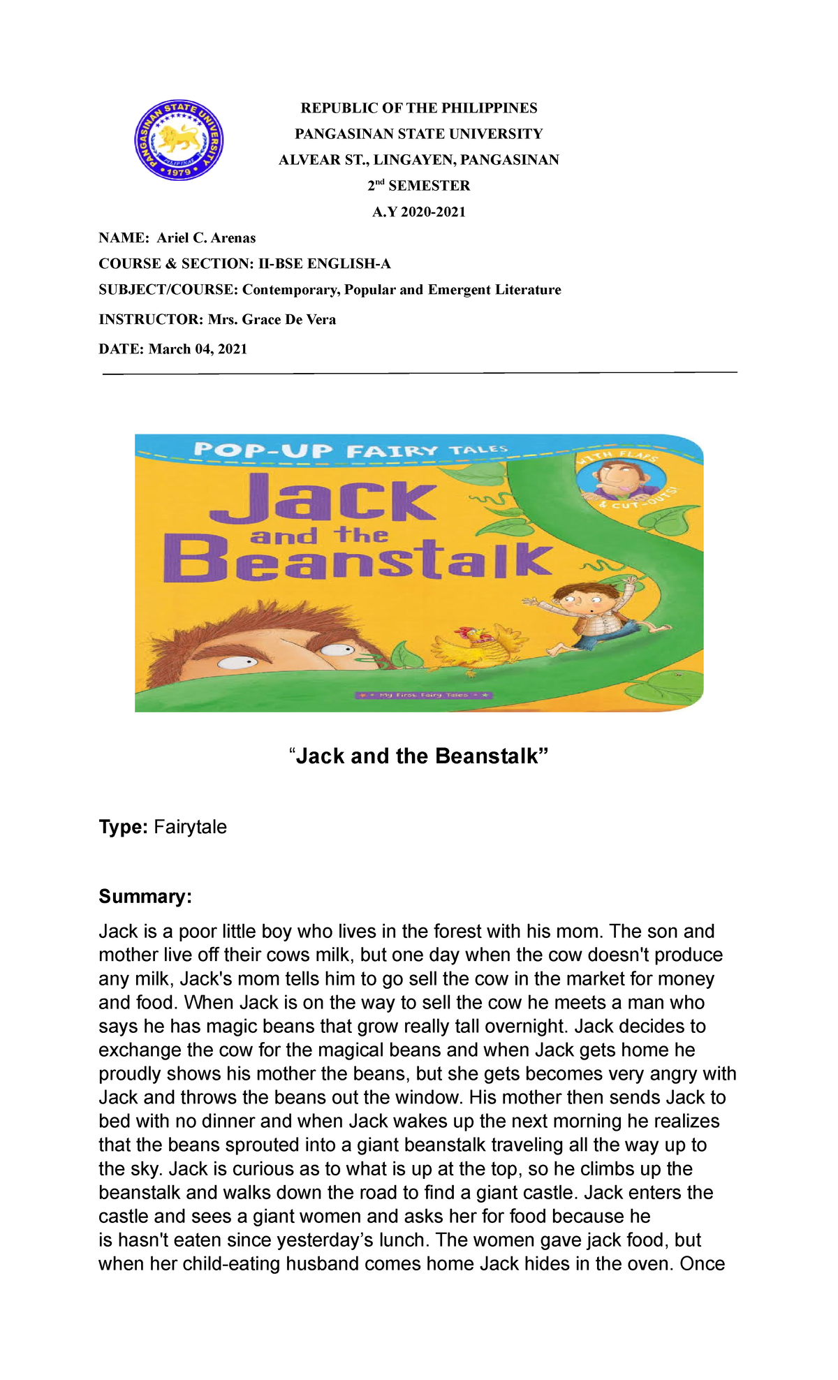 Fiction analysis - BS. education - PangSU - Studocu