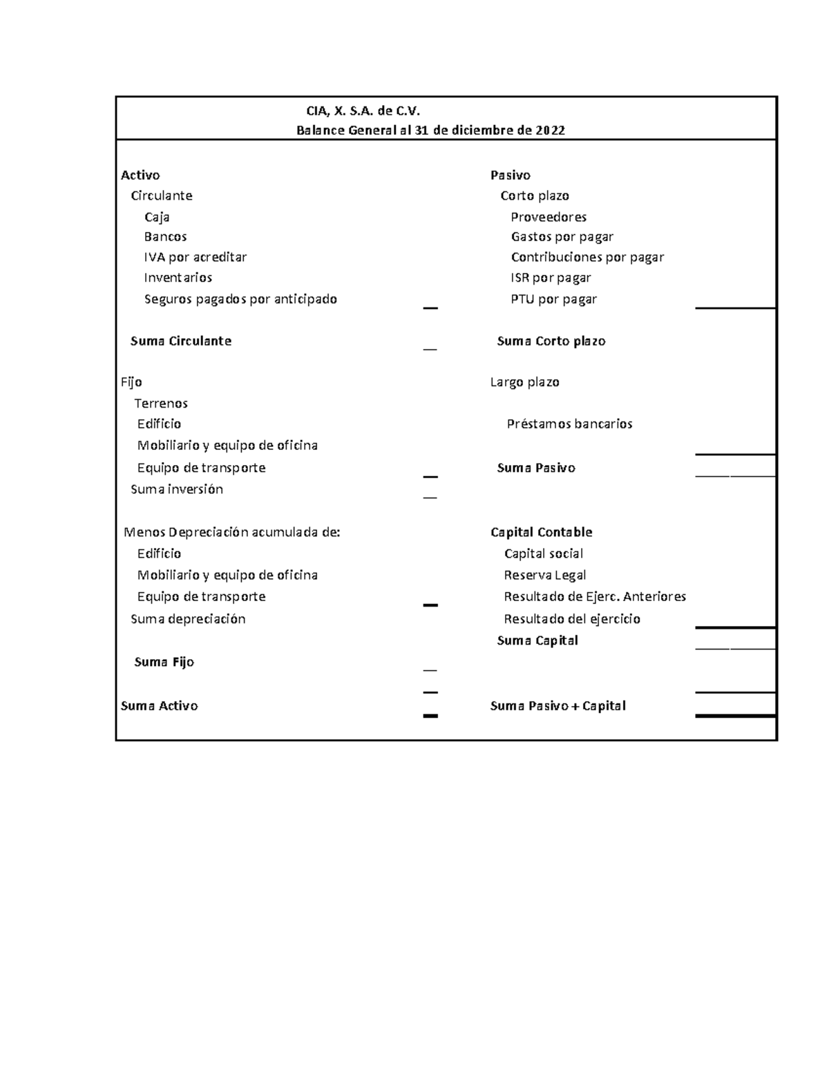 Formato DE Balance - CIA, X. S. de C. Balance General al 31 de ...