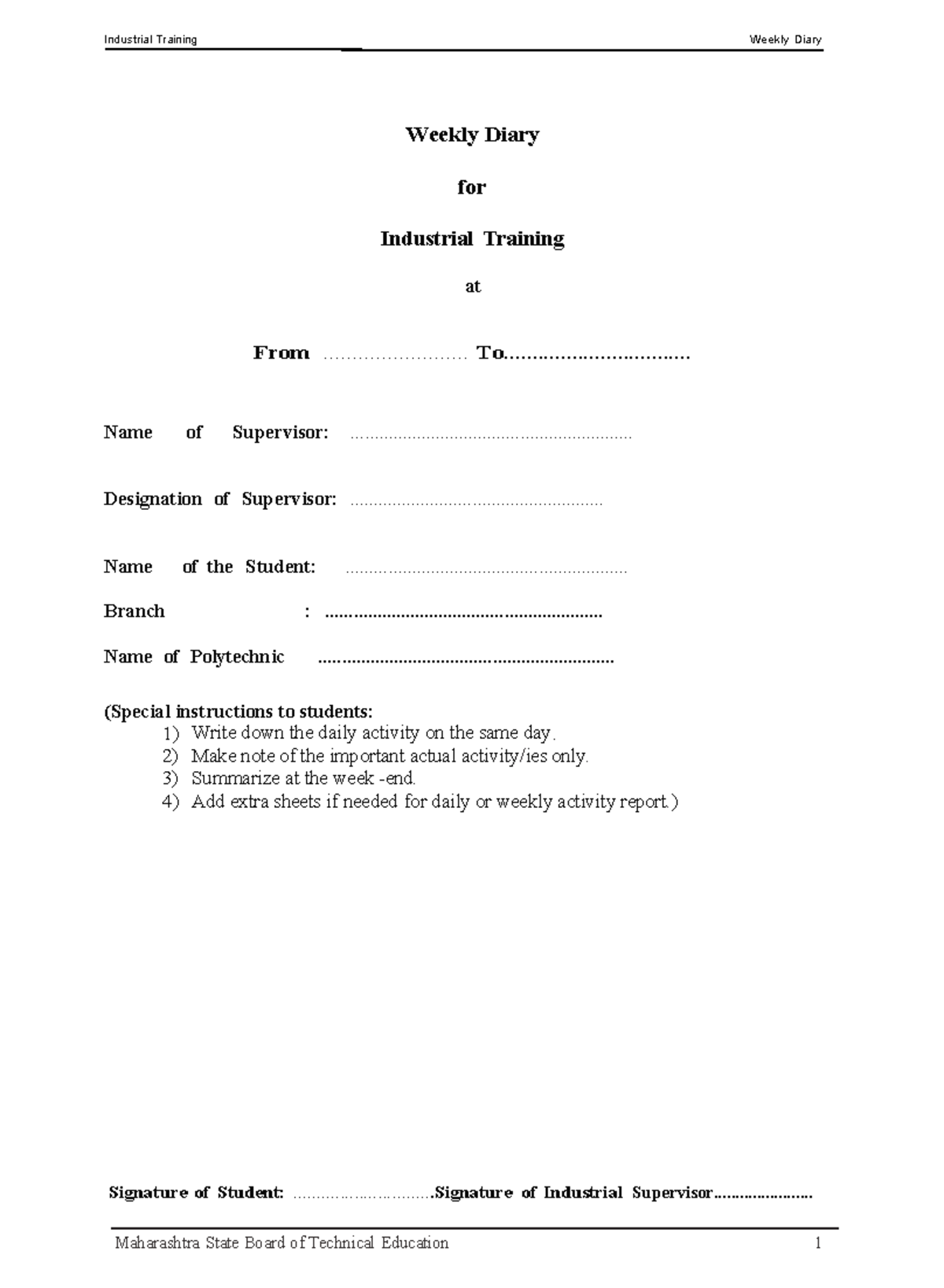 Msbte ITR Report format 2024-25 - Signature of Student ...