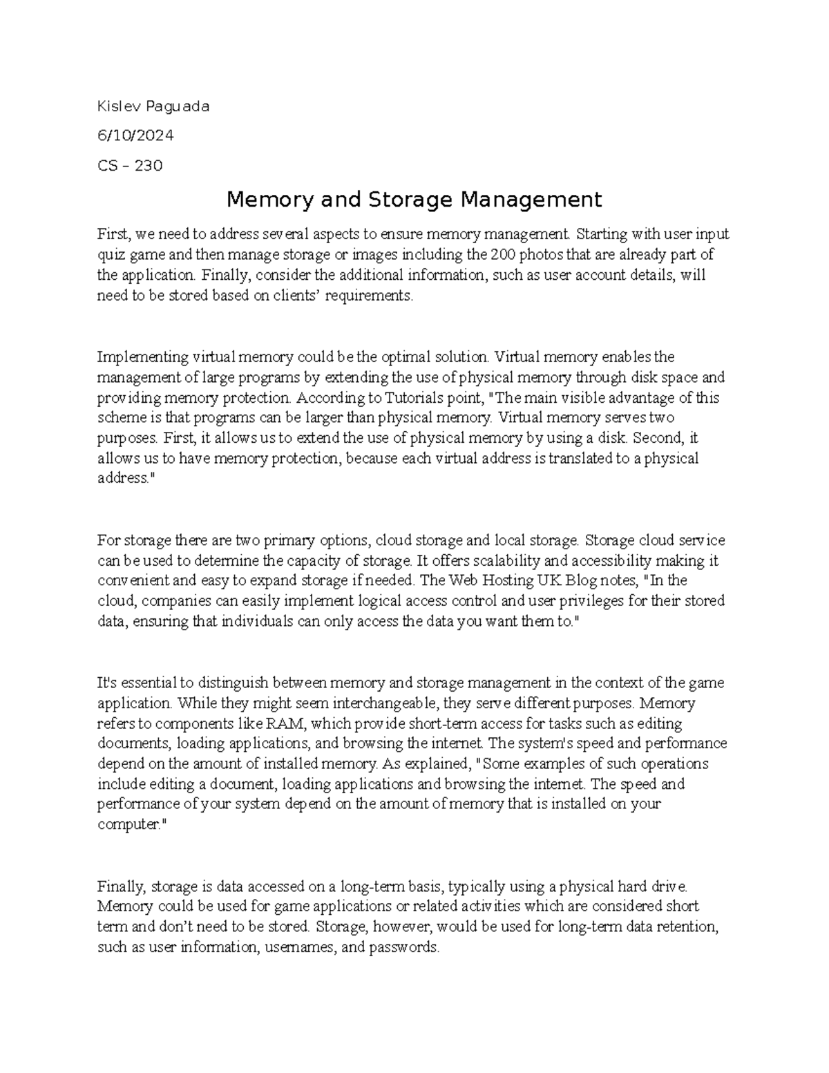 Mod6 Memory and Storage Management - Kislev Paguada 6/10/ CS – 230 Memory and Storage Management ...