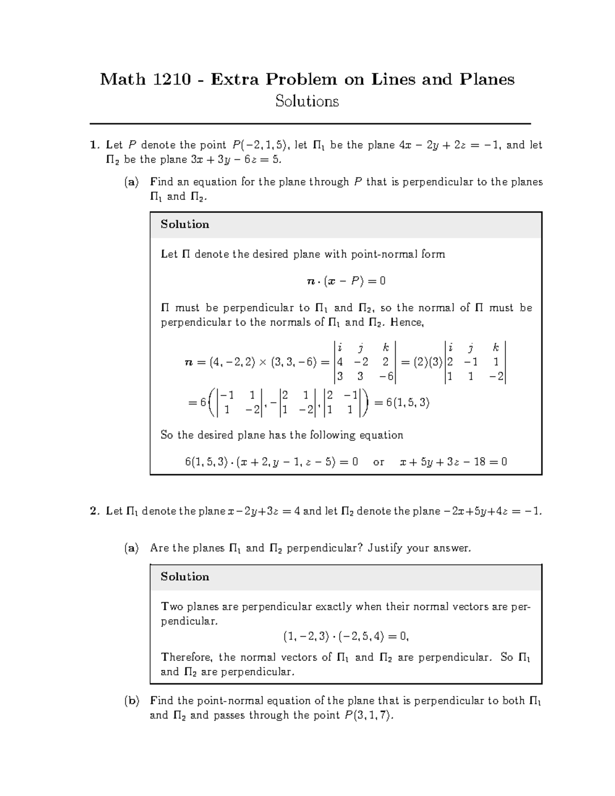 Extra problems-Lines and planes-solutions - Math 1210 - Extra Problem on Lines and Planes ...
