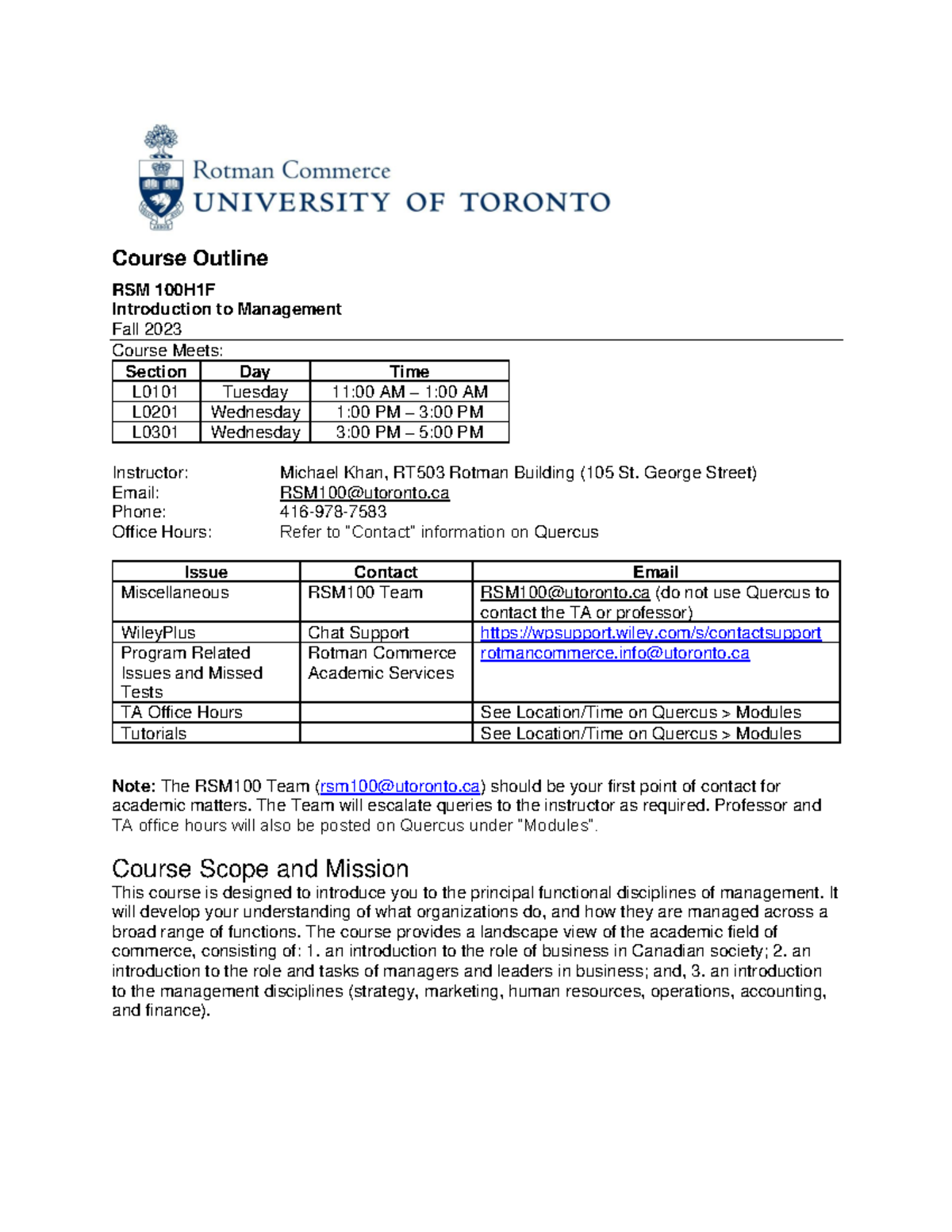 RSM100 Course Syllabus (Fall 2023) - Course Outline RSM 100 H1F ...