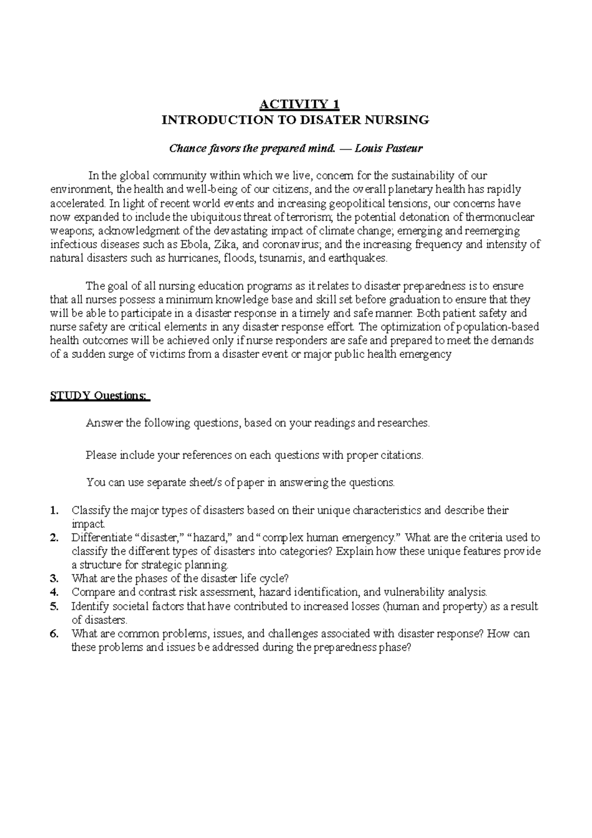 Disaster Nursing Activity 1 - ACTIVITY 1 INTRODUCTION TO DISATER ...