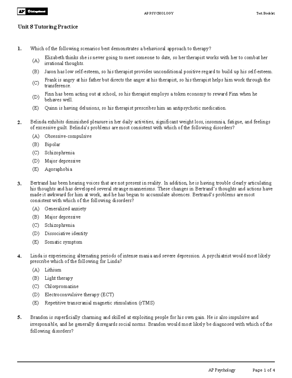 Unit 8 MCQ - Ap psych - Which of the following scenarios best ...
