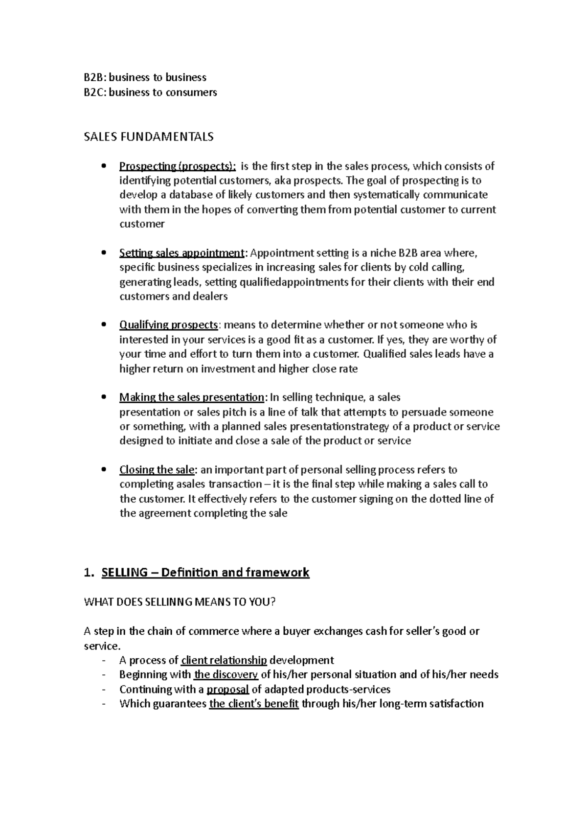 Fundamentals OF Sales - Notes de cours 1-5 - B2B: business to business ...