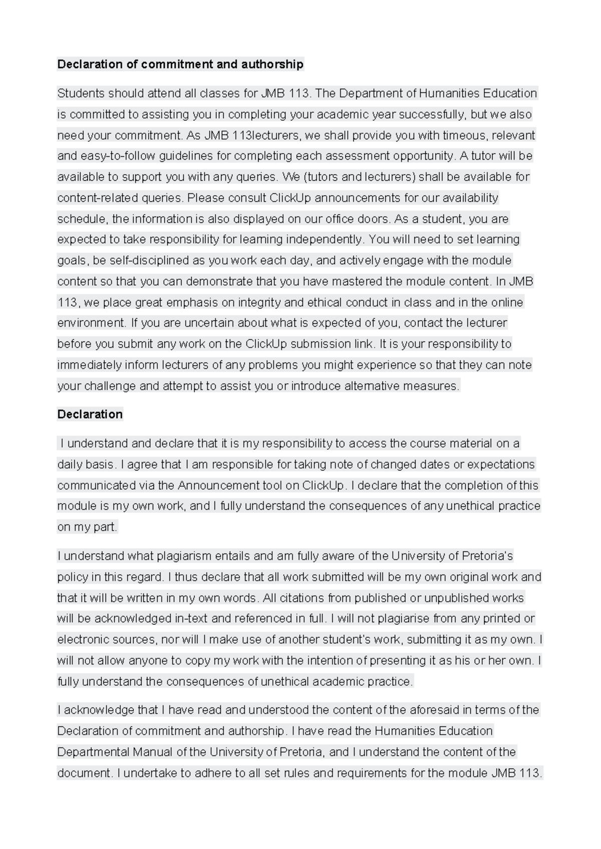 Declaration of commitment and authorship - Declaration of commitment ...