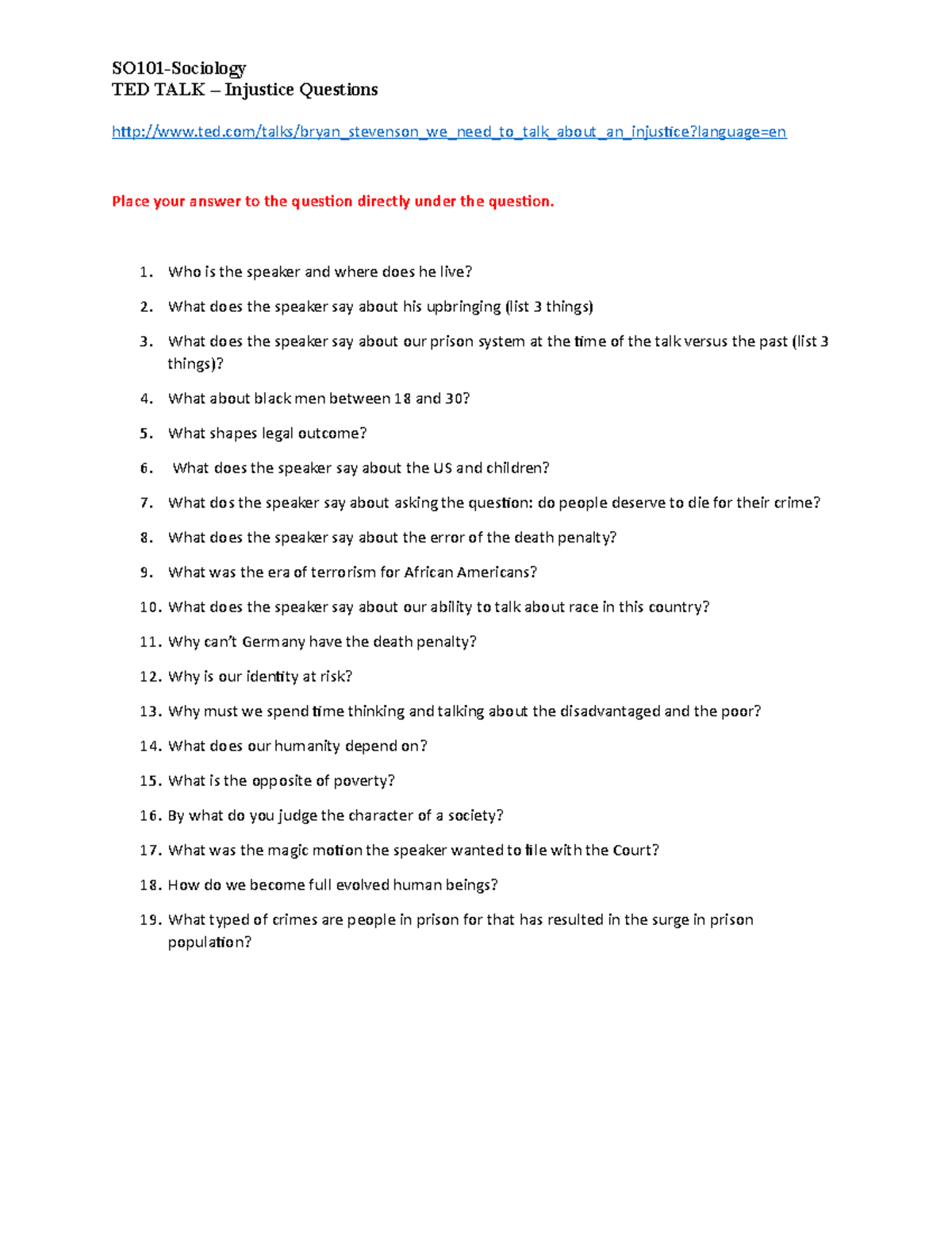 Ted Talk Injustice - Questions - SO101-Sociology TED TALK – Injustice ...