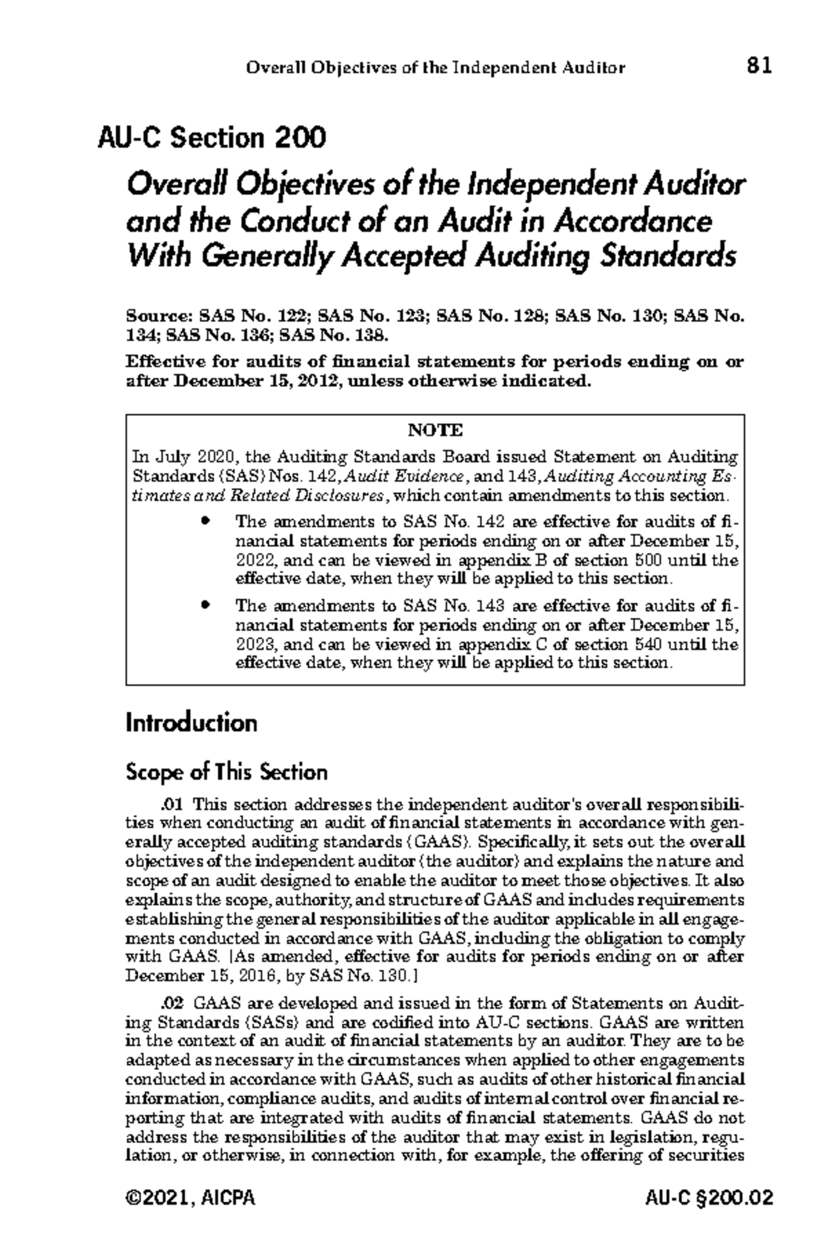 Au-c-00200 - Guide - Overall Objectives of the Independent Auditor 81 AU-C Section 200 Overall ...