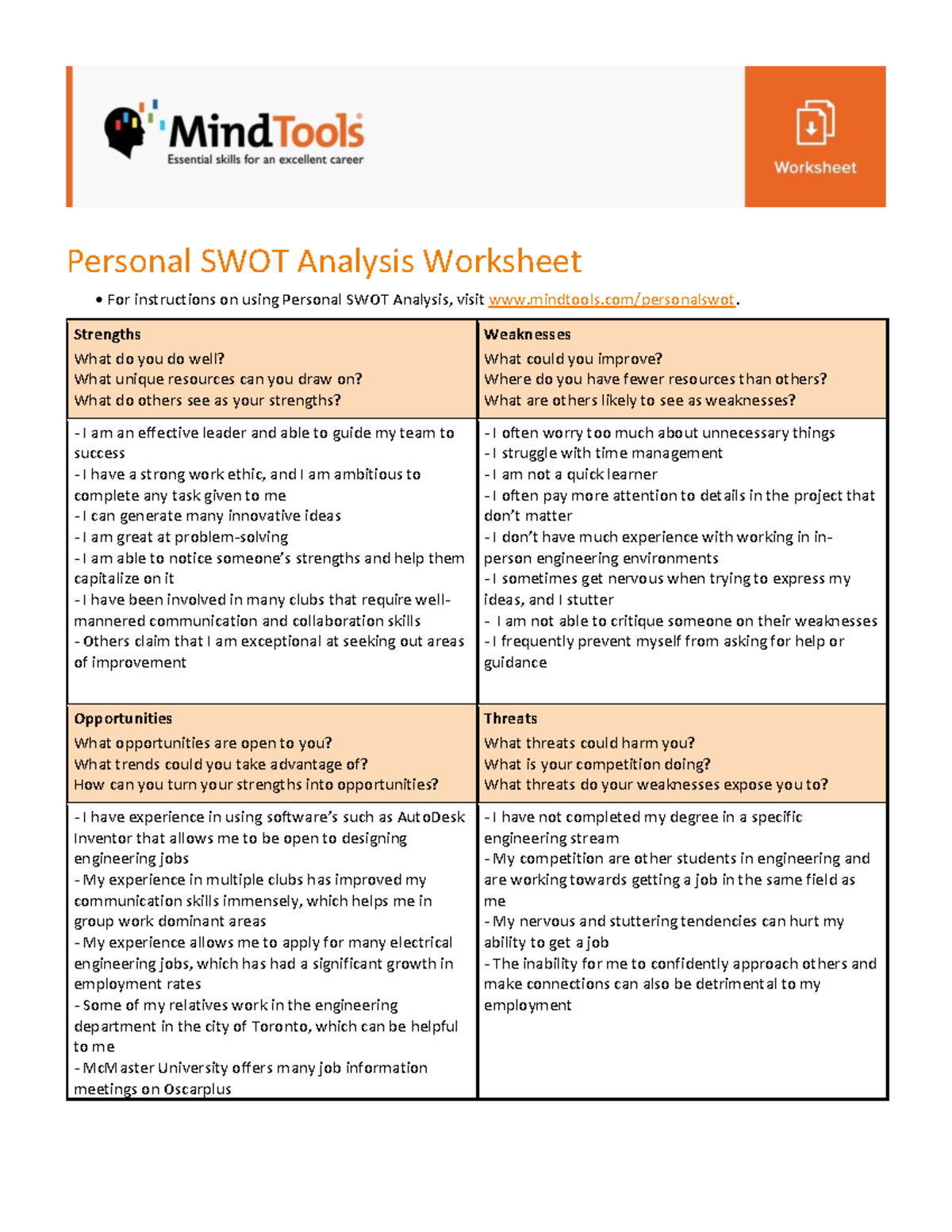 Swot anaylsis - Personal SWOT Analysis Worksheet For instructions on ...