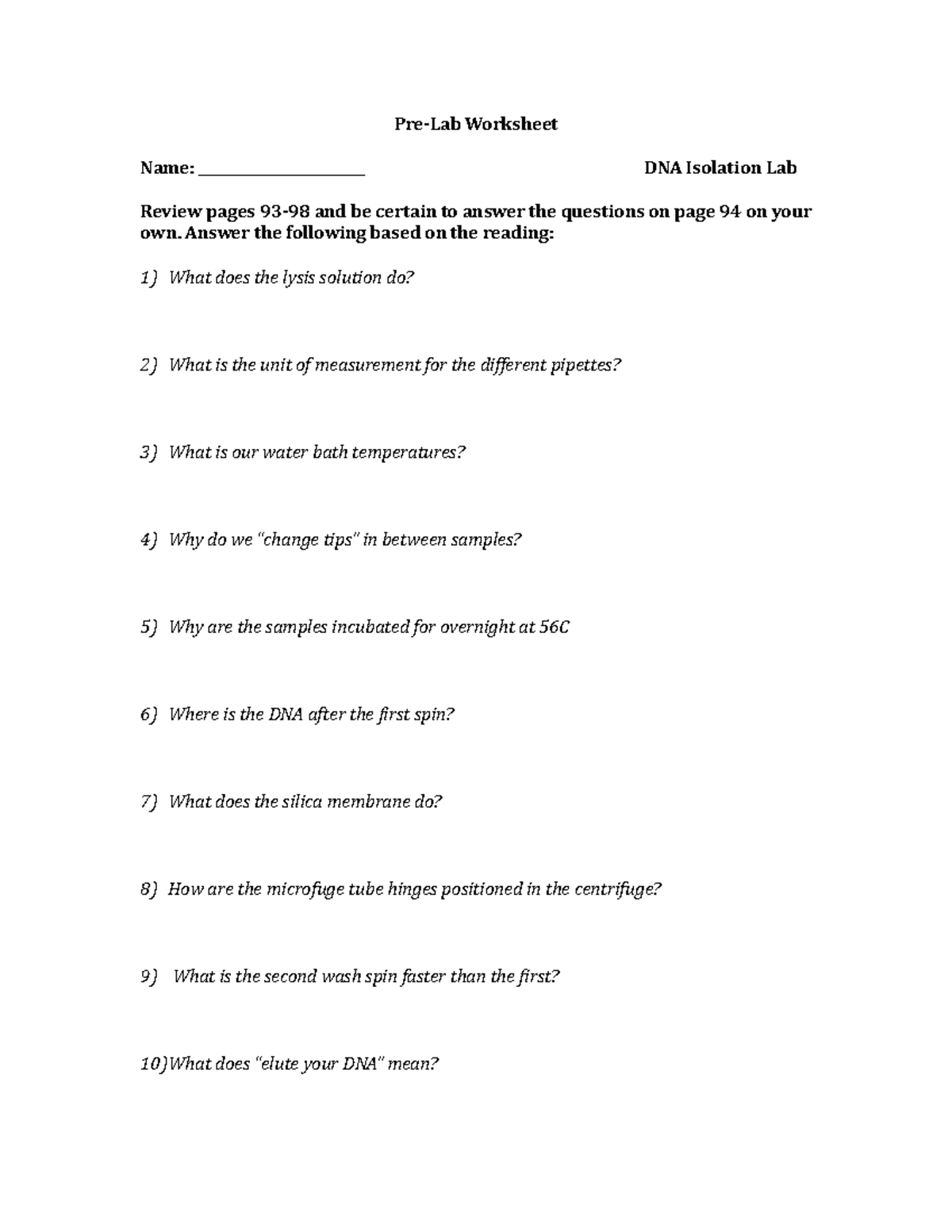 Lab1 Prelab worksheet - Pre-Lab Worksheet Name: DNA Isolation Lab ...
