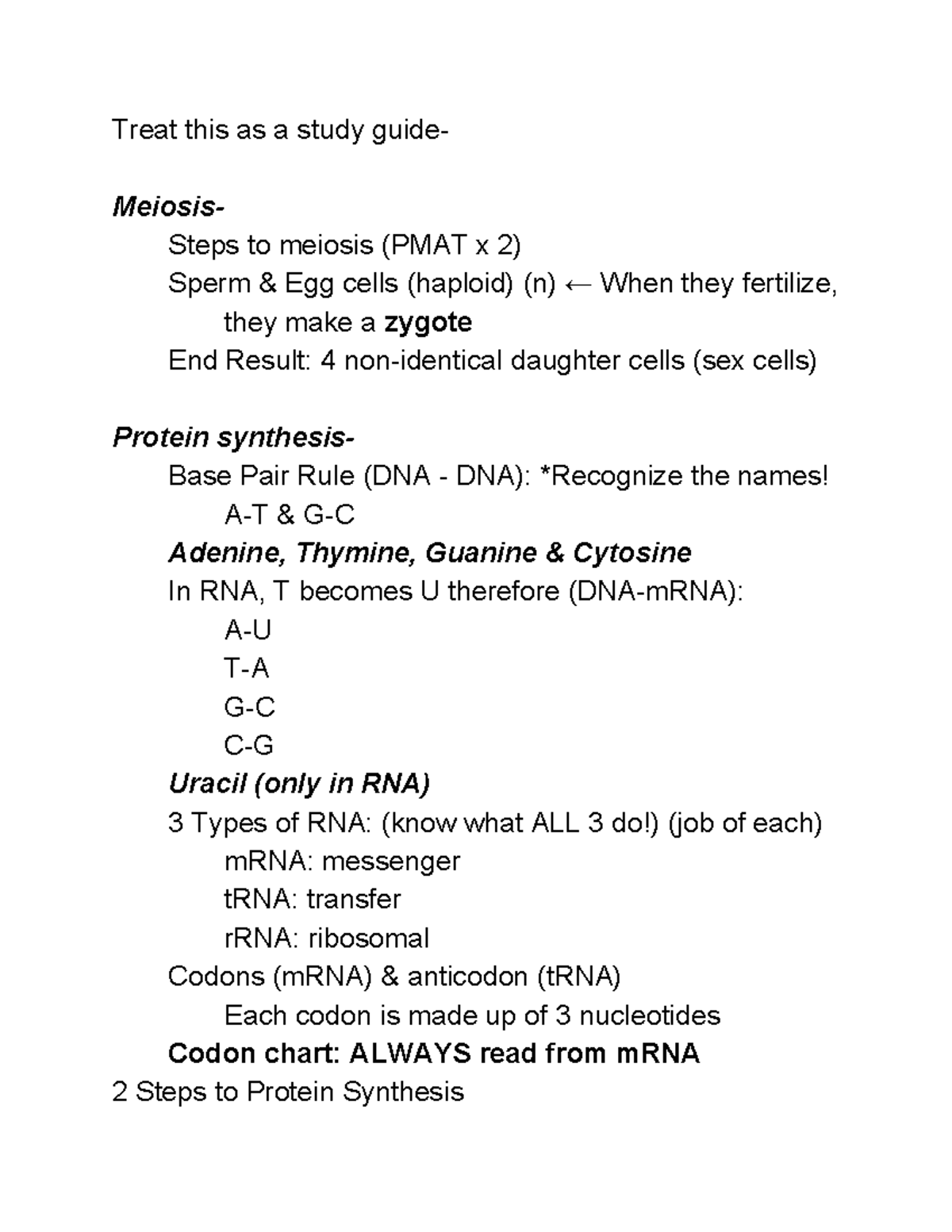 2 Study Guide- Meiosis Protein Synthesis - Treat this as a study guide ...