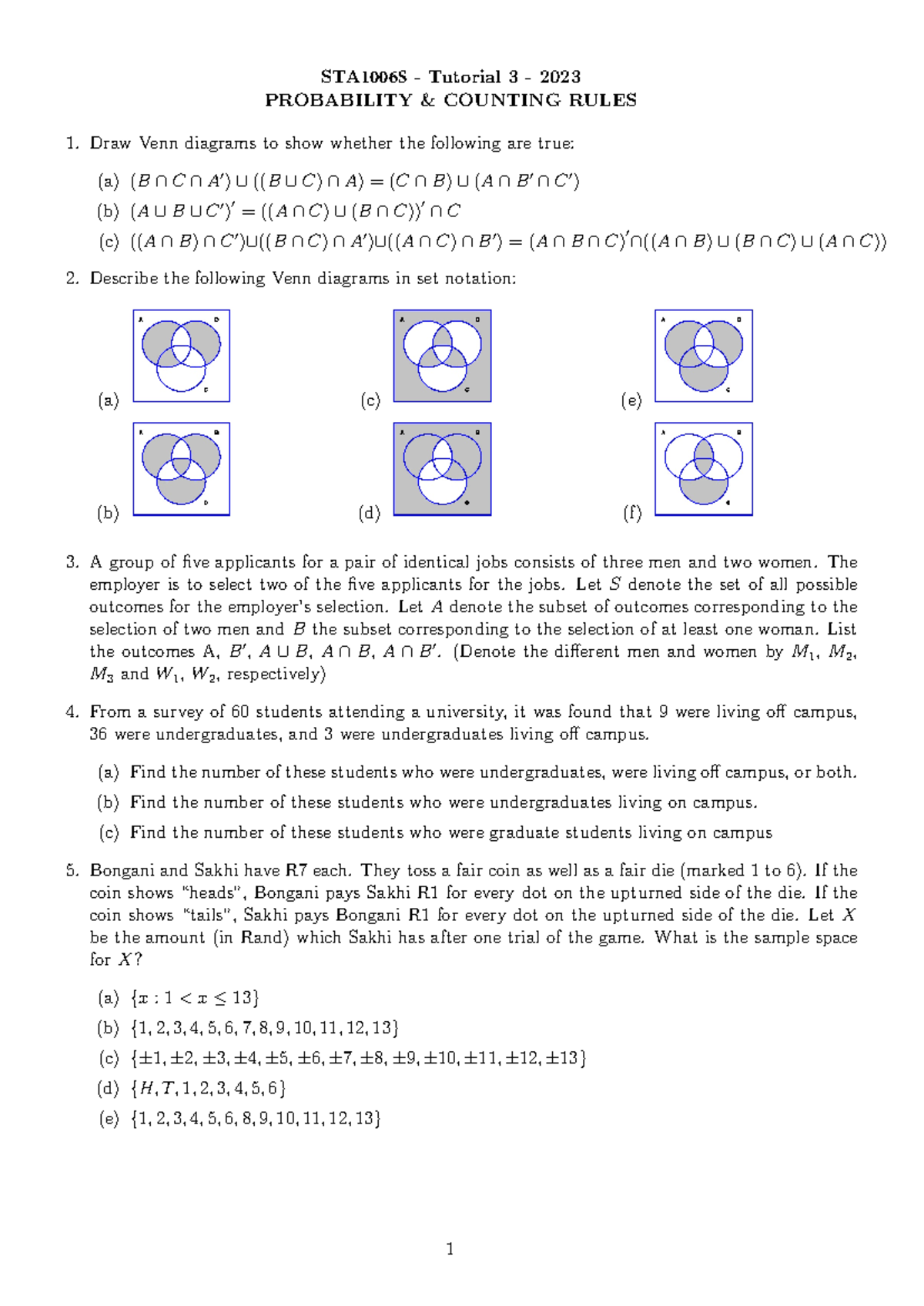 Tutorial 3 - Probability & Counting Rules 2023 - STA1006S - Tutorial 3 - 2023 PROBABILITY ...
