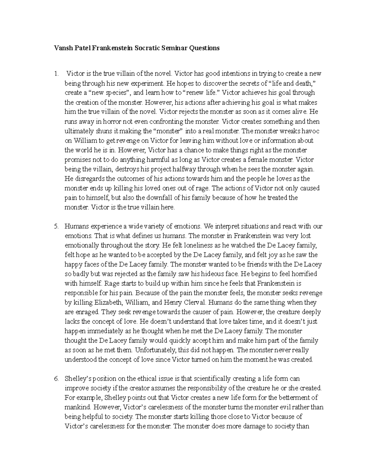 Socratic Seminar Frankenstein - Vansh Patel Frankenstein Socratic ...