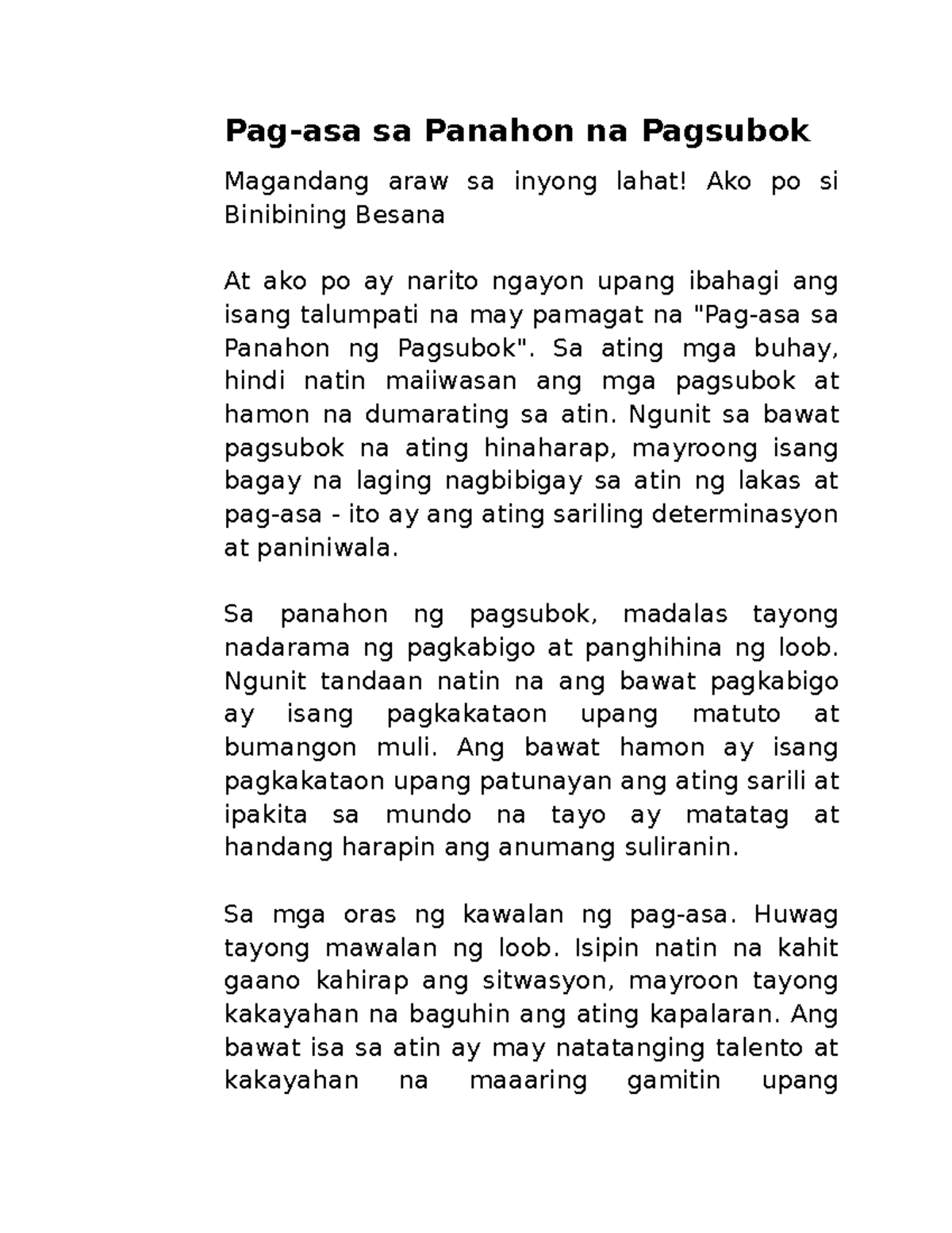 Talumpati - lol - Pag-asa sa Panahon na Pagsubok Magandang araw sa ...