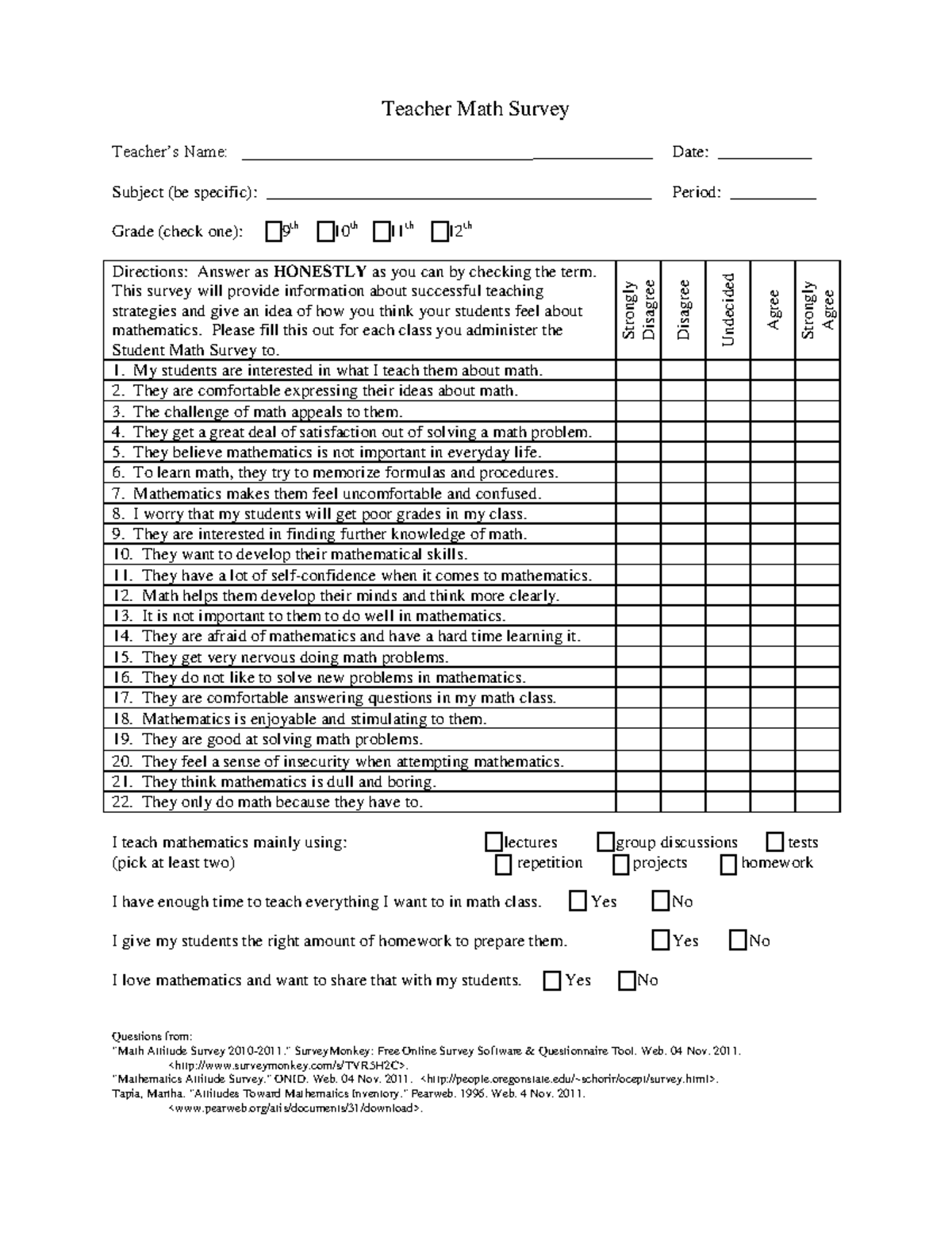 132074627 teacher math survey - Teacher Math Survey Teacher’s Name ...